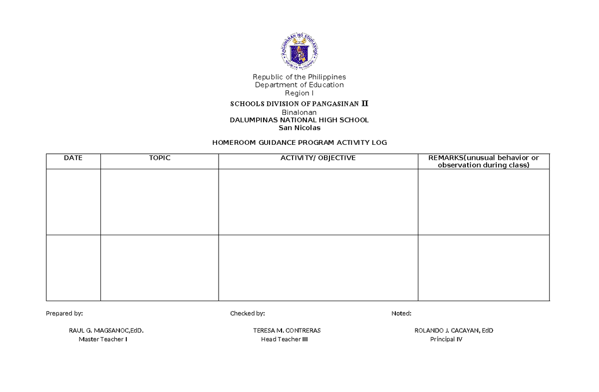 Activitylog-hgp - HGP log - bsed in filipino - Republic of the ...