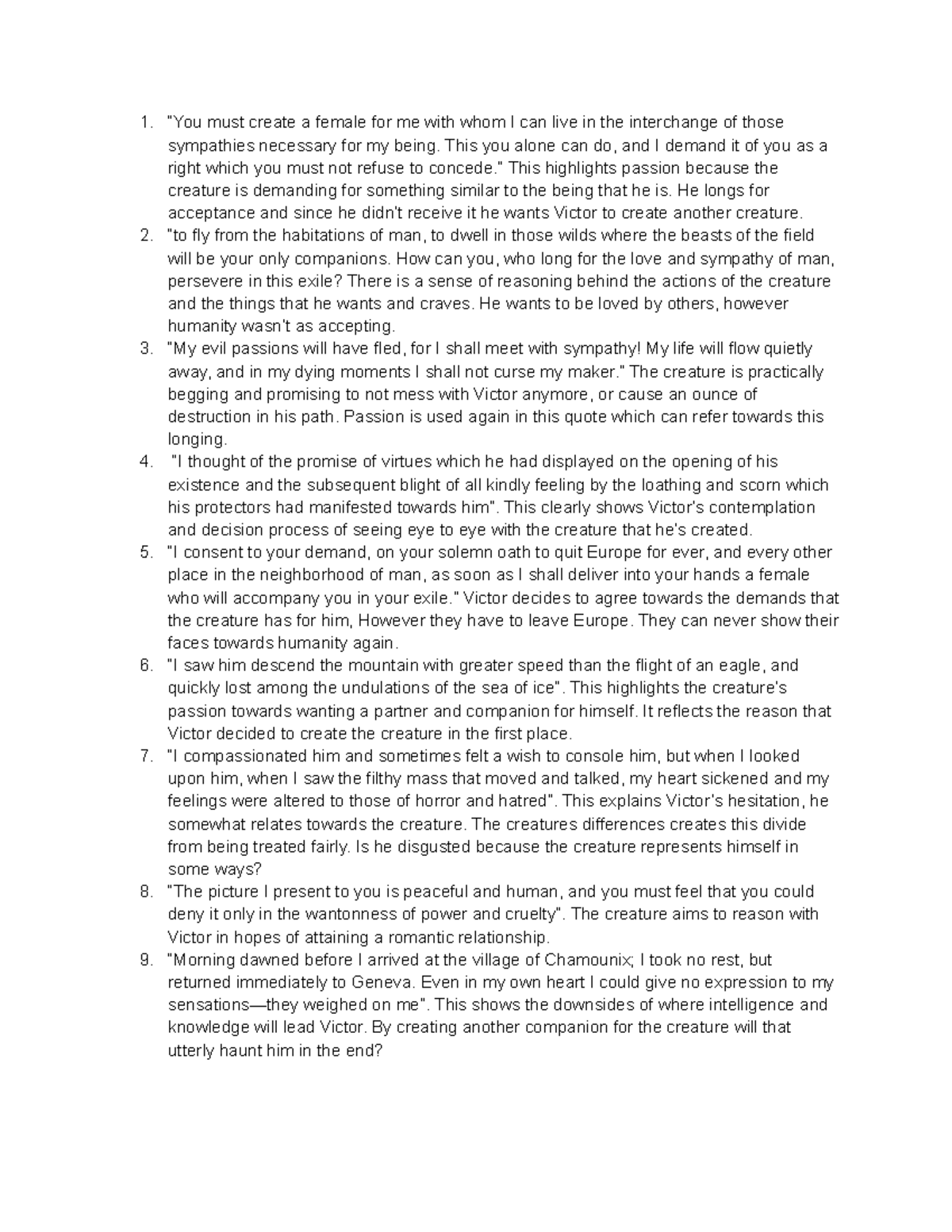 Jazmine Watson - Frankenstein chapter 17 10 sets of quotes + commentary ...