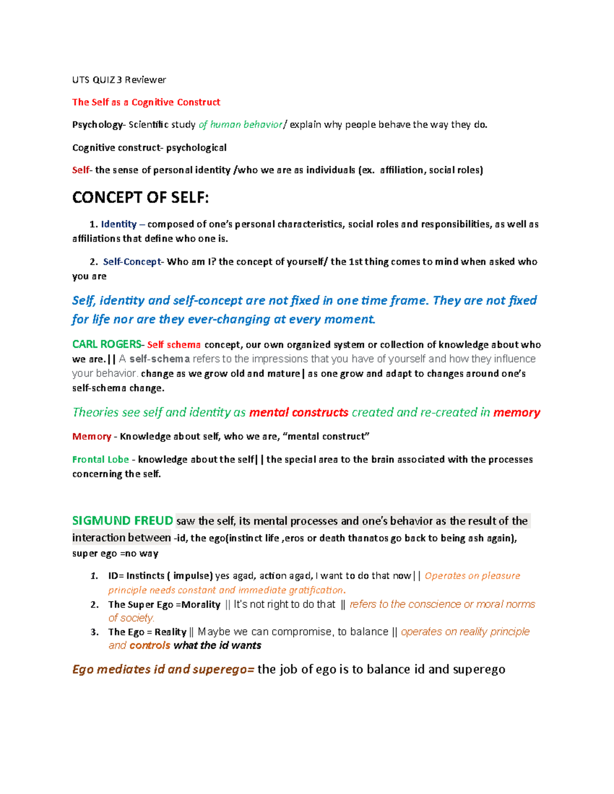 The Self as a Cognitive Construct - UTS QUIZ 3 Reviewer The Self as a ...