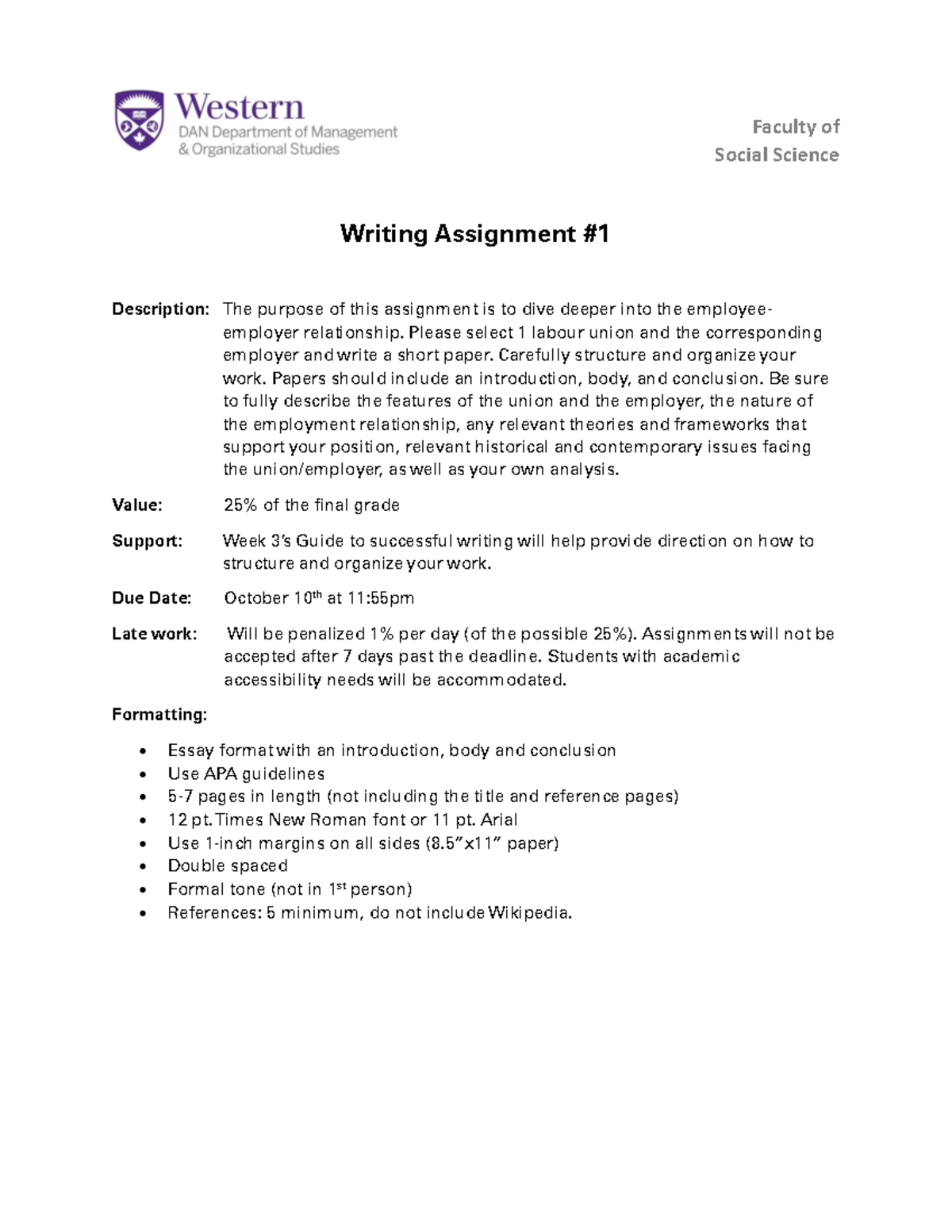 Writing Assignment 1 Instructions 2023 - Faculty of Social Science ...