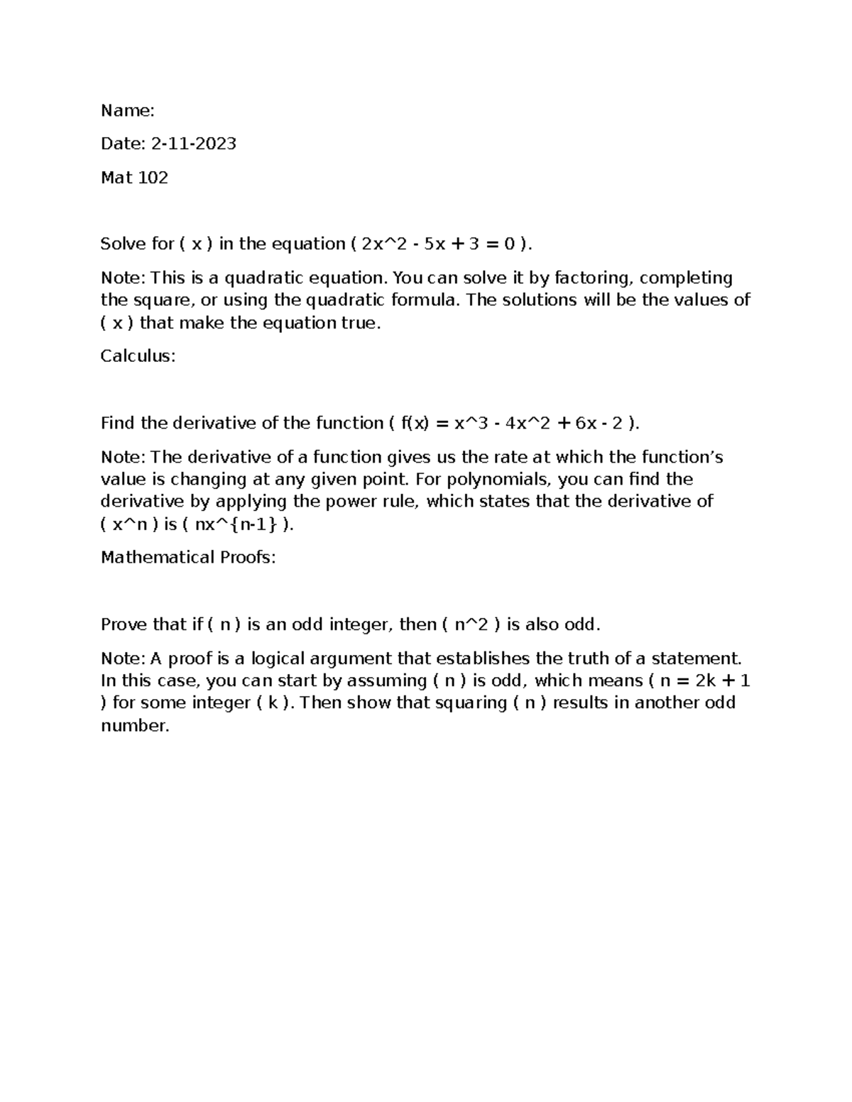 Mat 102 note - Lecture Notes about Mathematical Concepts 102. - Name ...