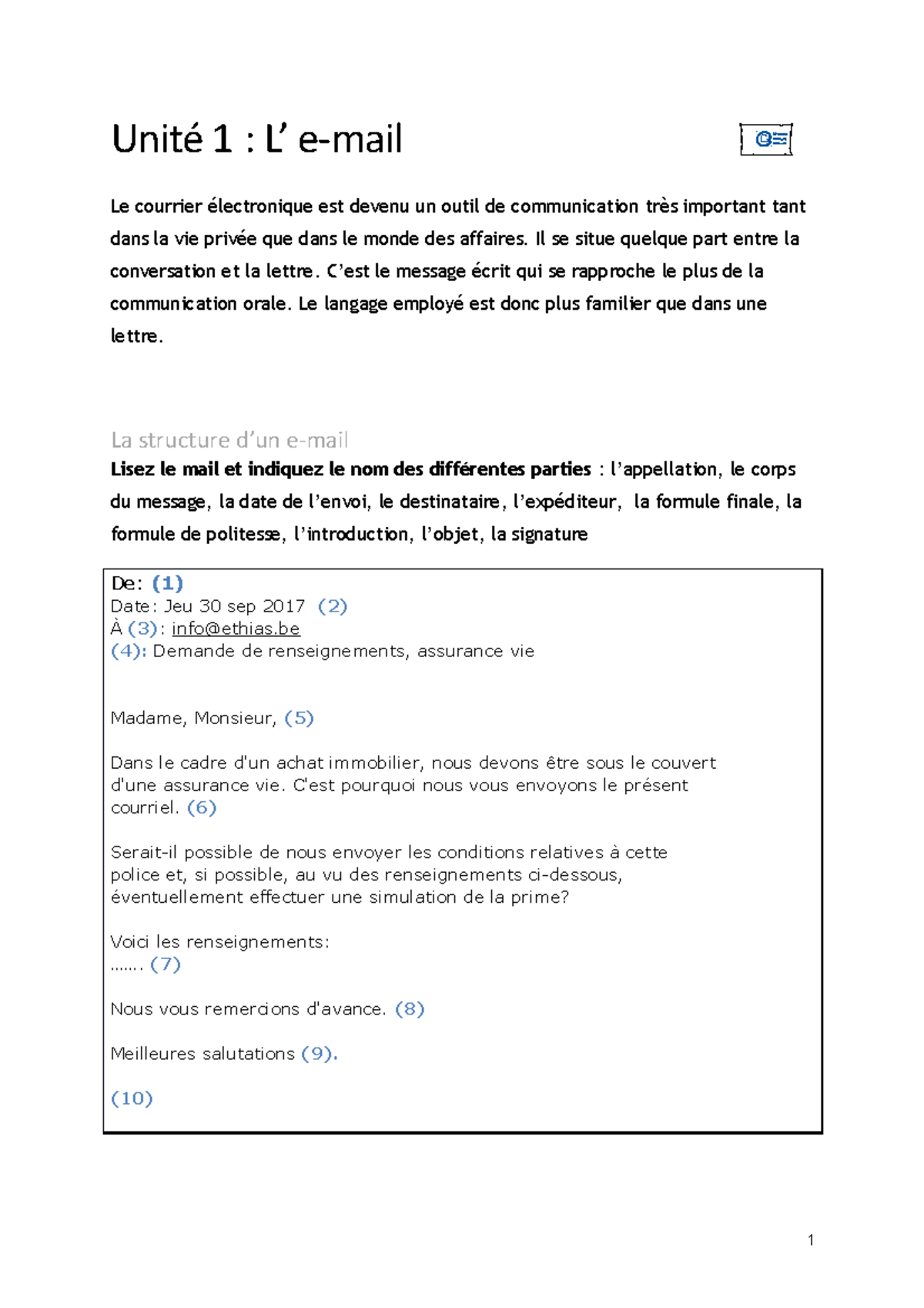 2ACF 20-21 l'e-mail - Unité 1 : L’ e-mail Le courrier électronique est ...