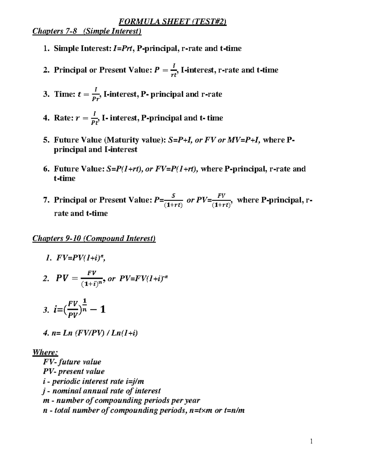 Formula Sheet TEST # 2 - 1 FORMULA SHEET (TEST#2) Chapters 7-8 (Simple ...