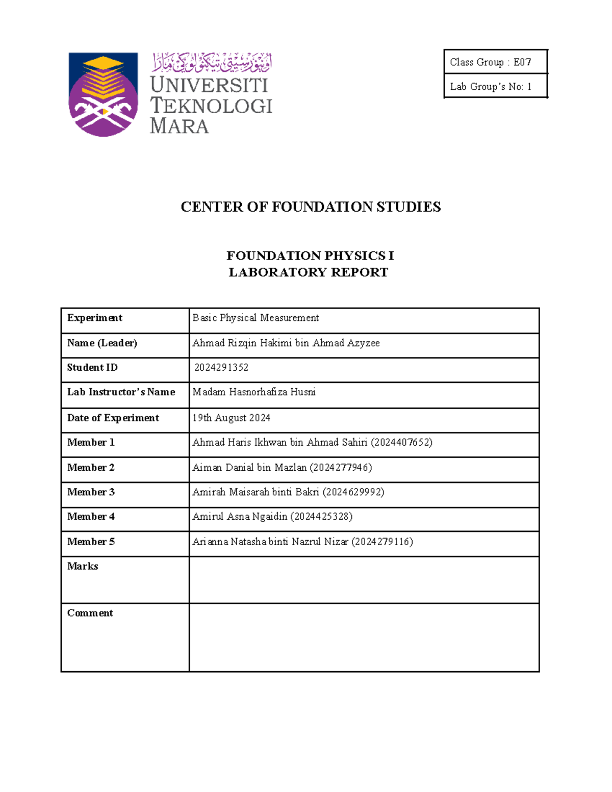 Physic Lab Report experiment 1 - CENTER OF FOUNDATION STUDIES FOUNDATION PHYSICS I LABORATORY ...