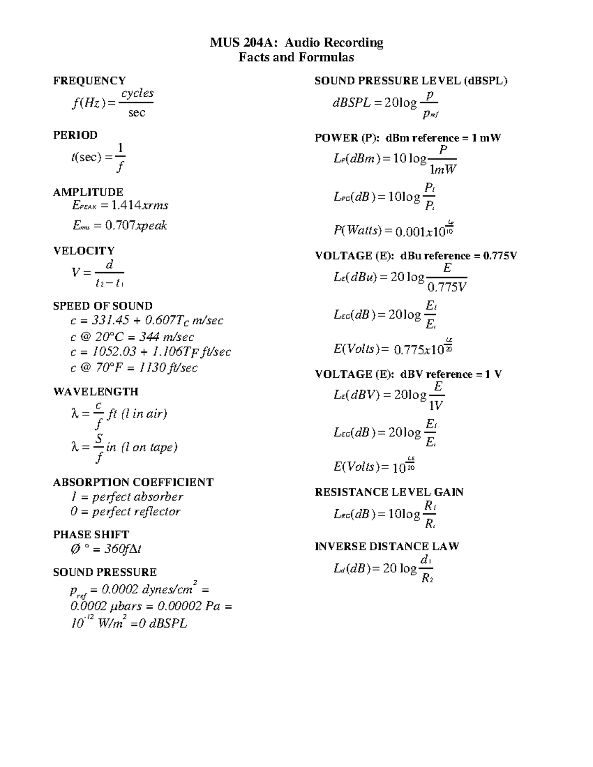 MUS 204A Audio Recording Facts and Formulas (3 pg) - MUS 204A: Audio ...