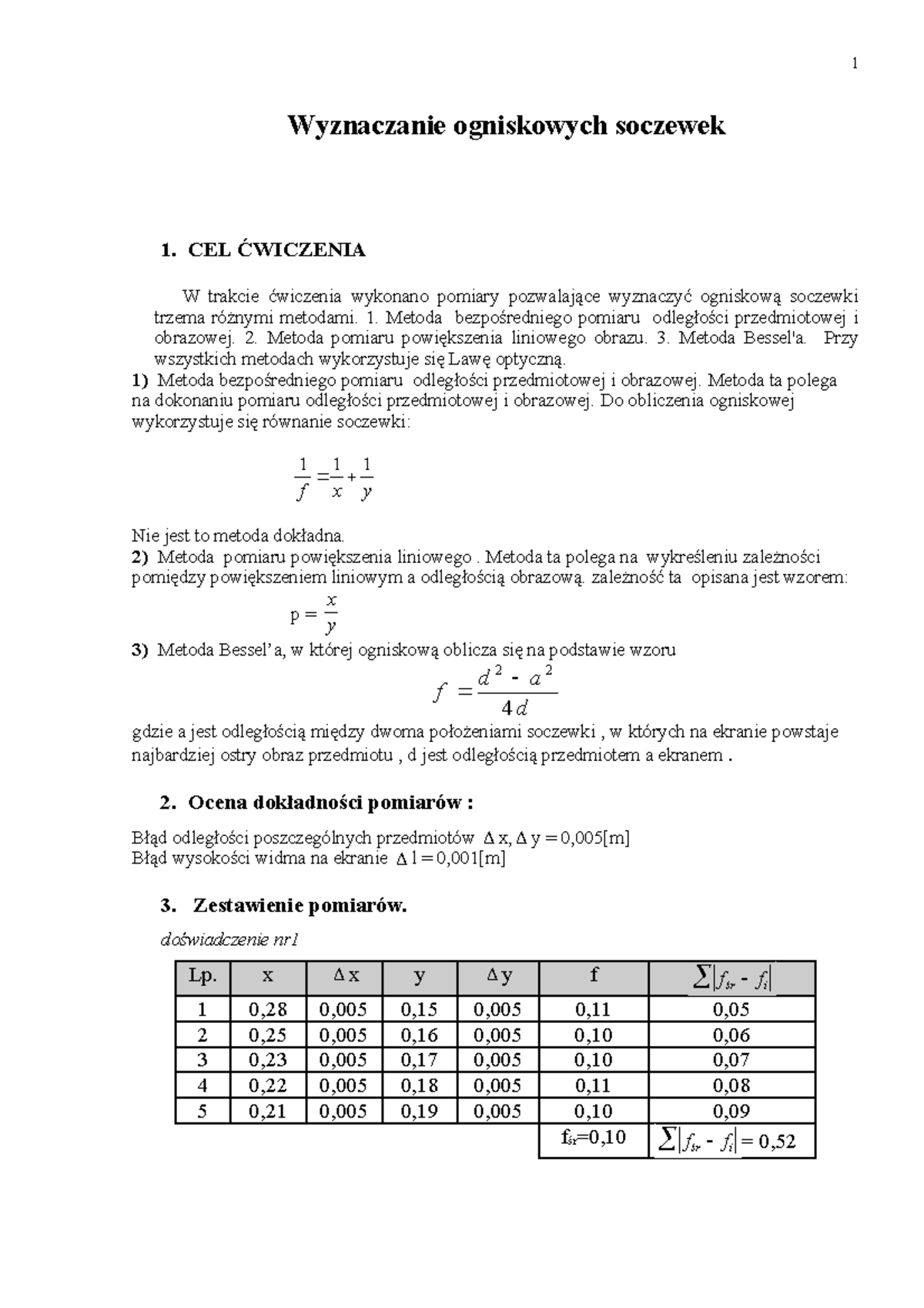 Wyznaczanie ogniskowych soczewek - CEL ĆWICZENIA W trakcie ćwiczenia wykonano pomiary ...