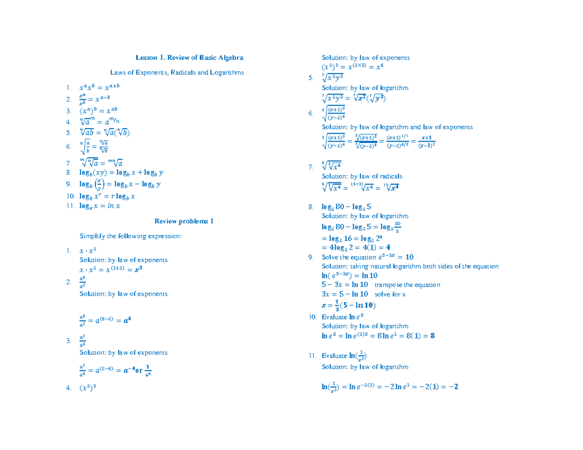 Lesson 1 Review of Basic Algebra - Lesson 1. Review of Basic Algebra ...