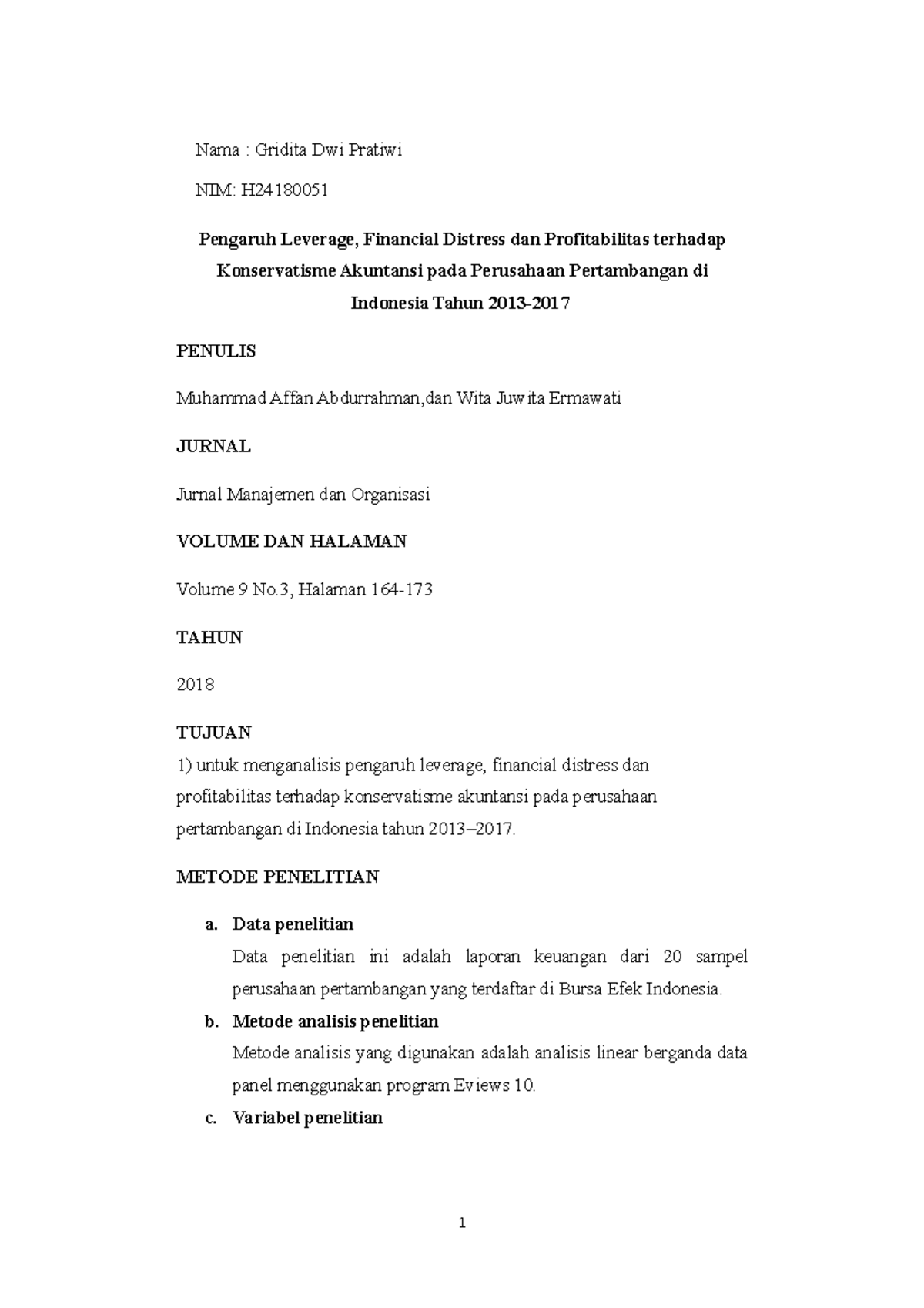Tugas Pertemuan 9 - Pengaruh Leverage, Financial Distress dan ...