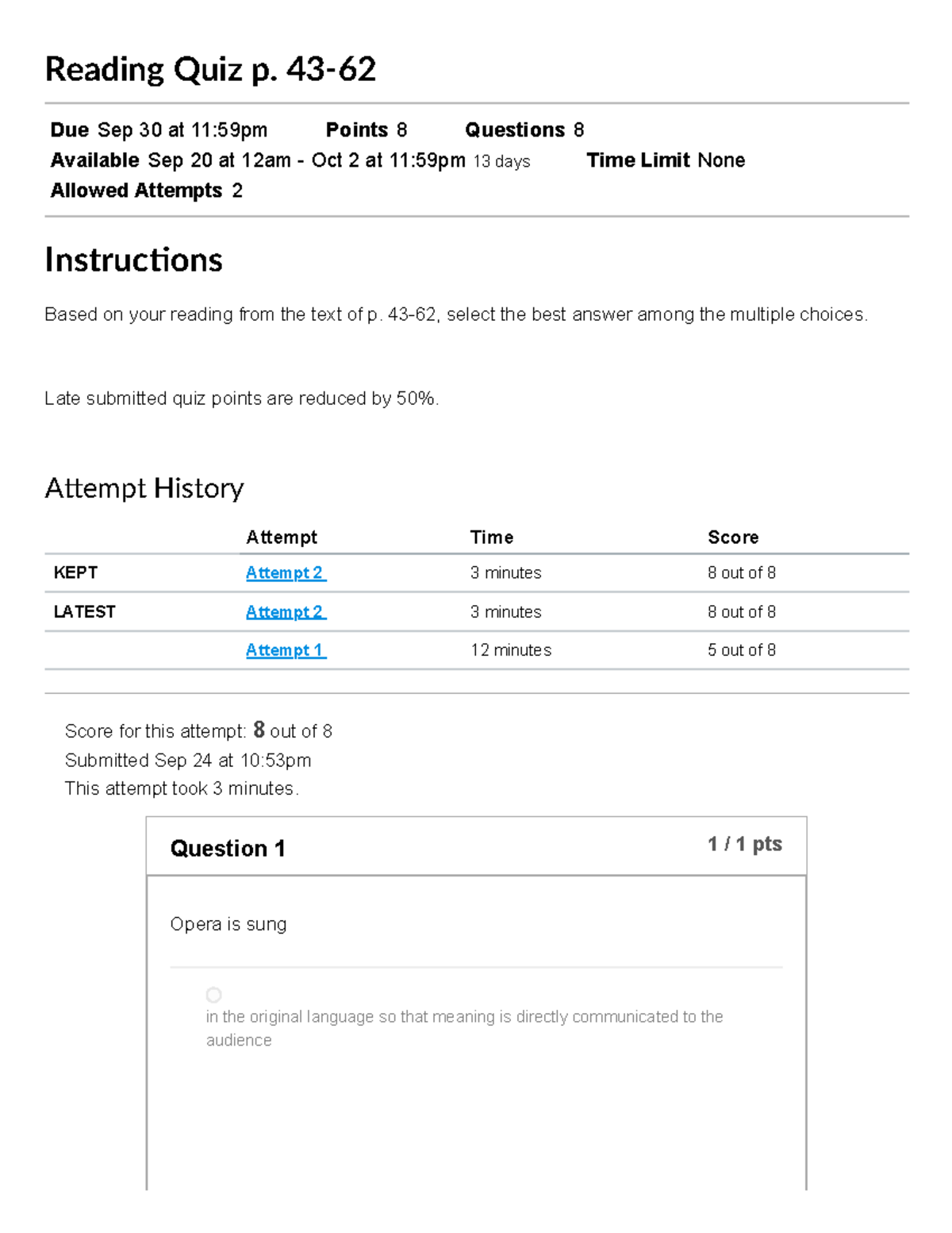 Reading Quiz p. 43-62 - Reading Quiz p. 43- Due Sep 30 at 11:59pm ...