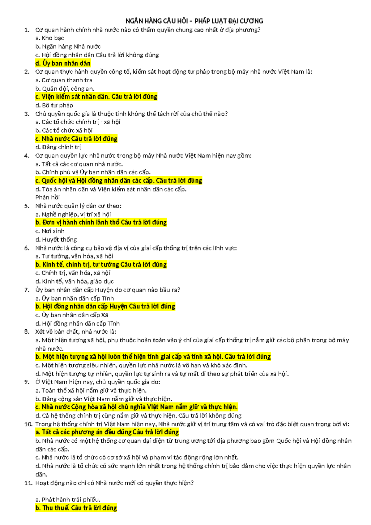 Ngan hang cau hoi - Phap luat dai cuong - NGÂN HÀNG CÂU HỎI – PHÁP LUẬT ĐẠI CƯƠNG Cơ quan hành ...
