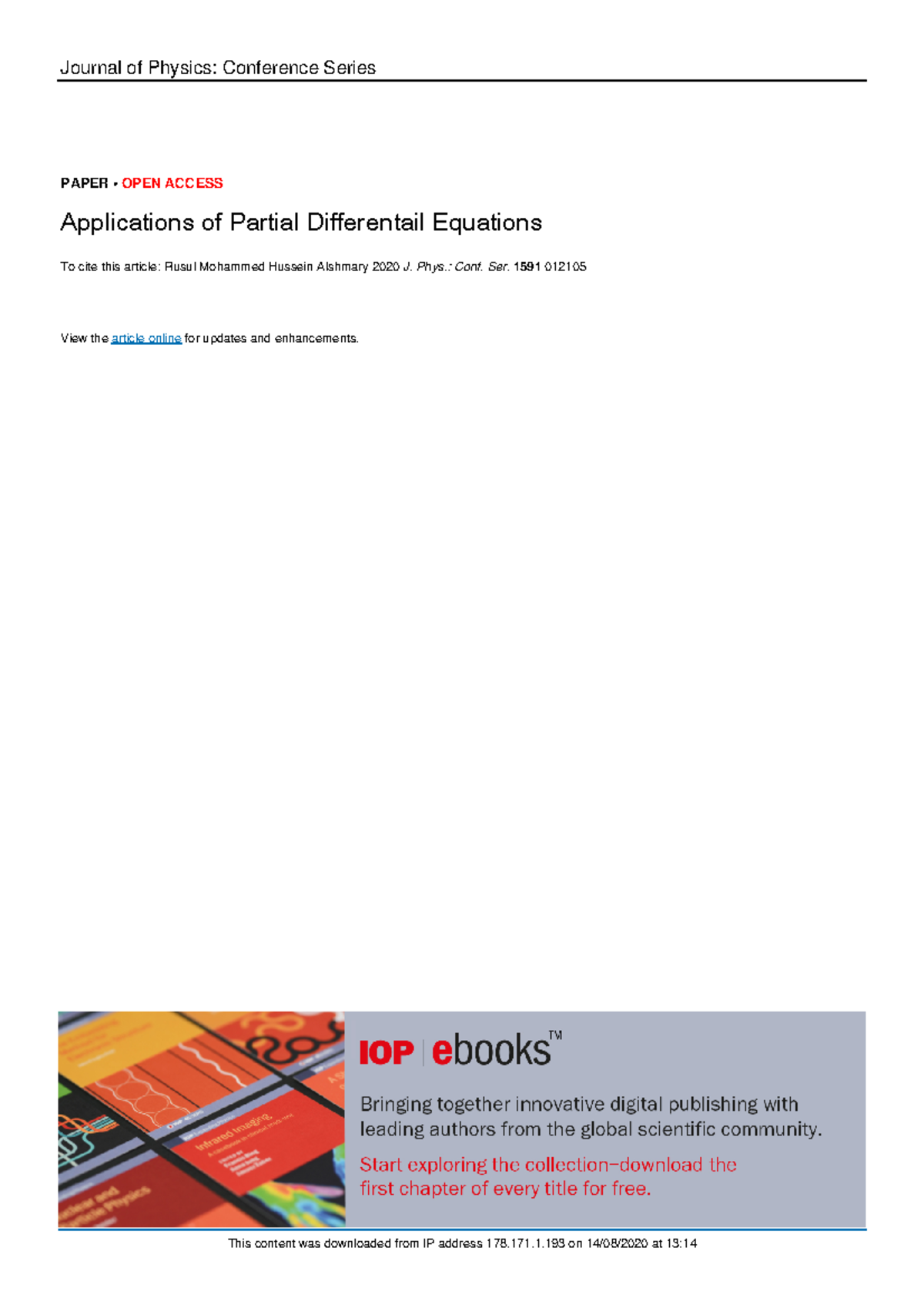 Applications of Partial Differentail Equations - Phys.: Conf. Ser. 1591 012105 View the article ...