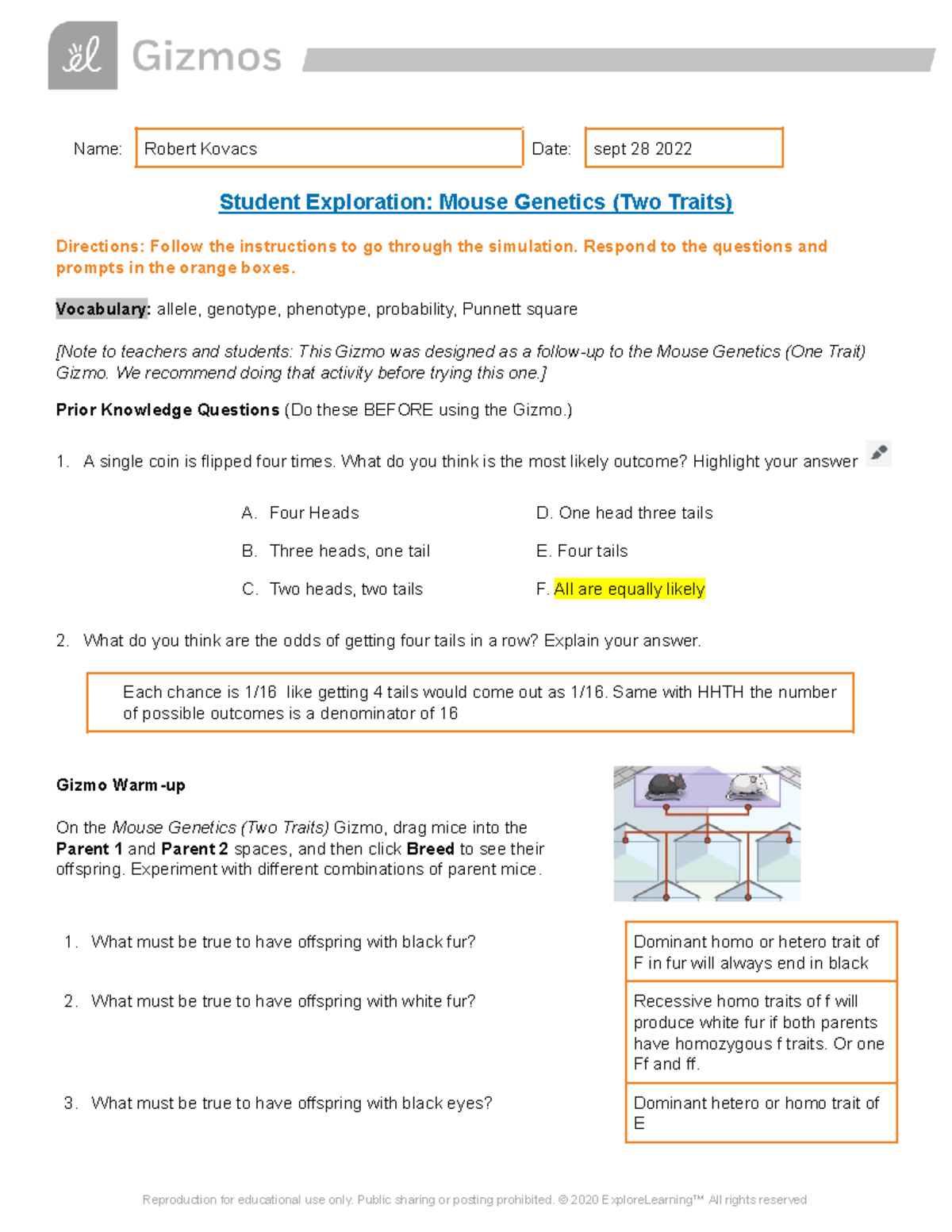 Robert Kovacs Mouse Genetics - Name: Robert Kovacs Date: sept 28 2022 ...