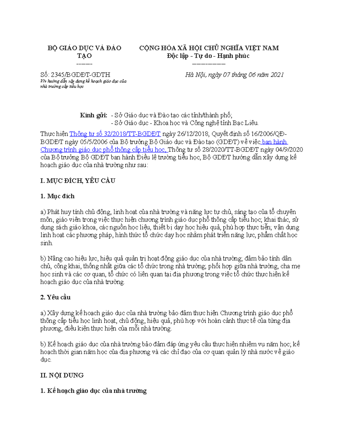 Cong van 2345 Bgddt GDTH - BỘ GIÁO DỤC VÀ ĐÀO TẠO - CỘNG HÒA XÃ HỘI CHỦ NGHĨA VIỆT NAM Độc lập ...
