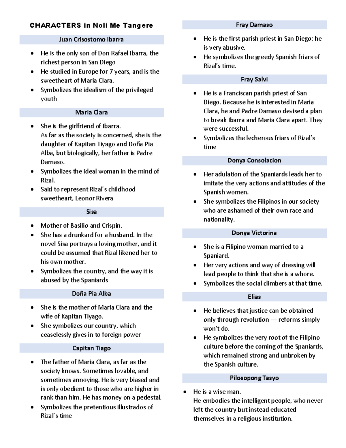 Handouts Noli-Me-Tangere - CHARACTERS in Noli Me Tangere Juan ...