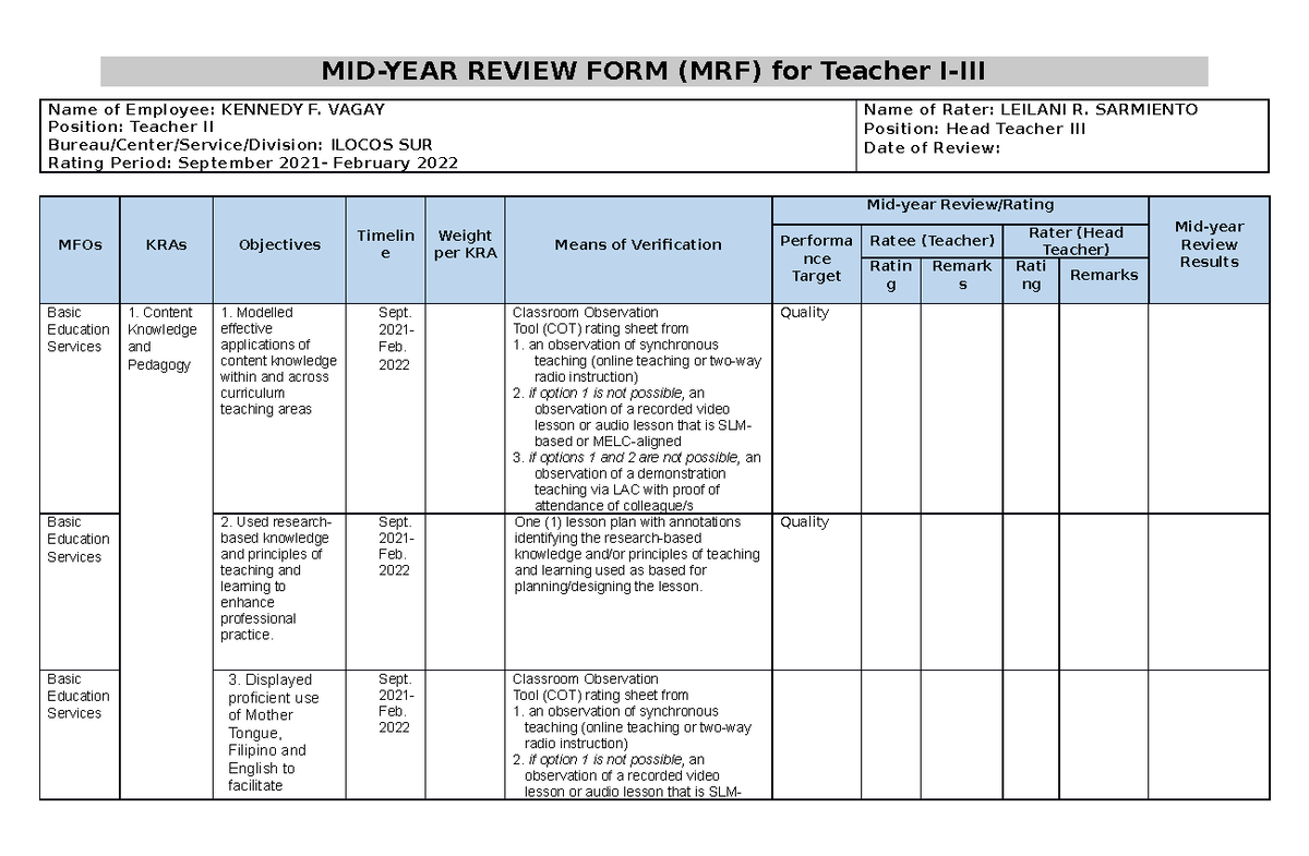 MID- YEAR Review FORM T1-3 2021-2022 - MID-YEAR REVIEW FORM (MRF) for ...
