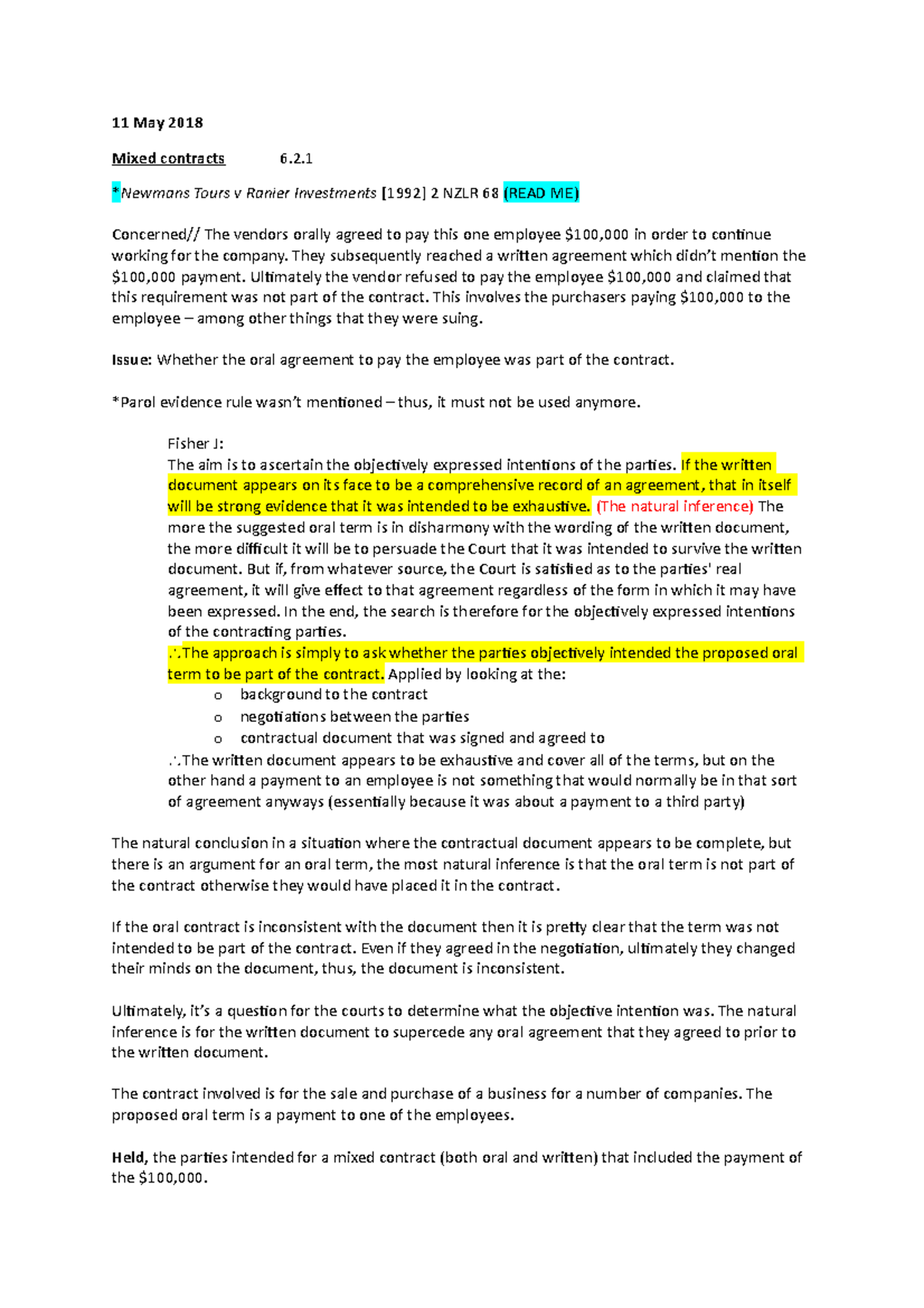 11 May 2018 Lecture Notes - 11 May 2018 Mixed contracts 6.2 *Newmans ...