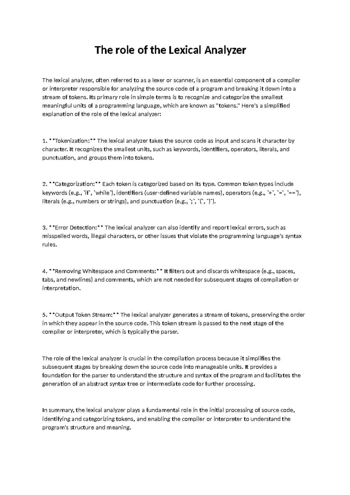 The role of the Lexical analyzer - Its primary role in simple terms is ...