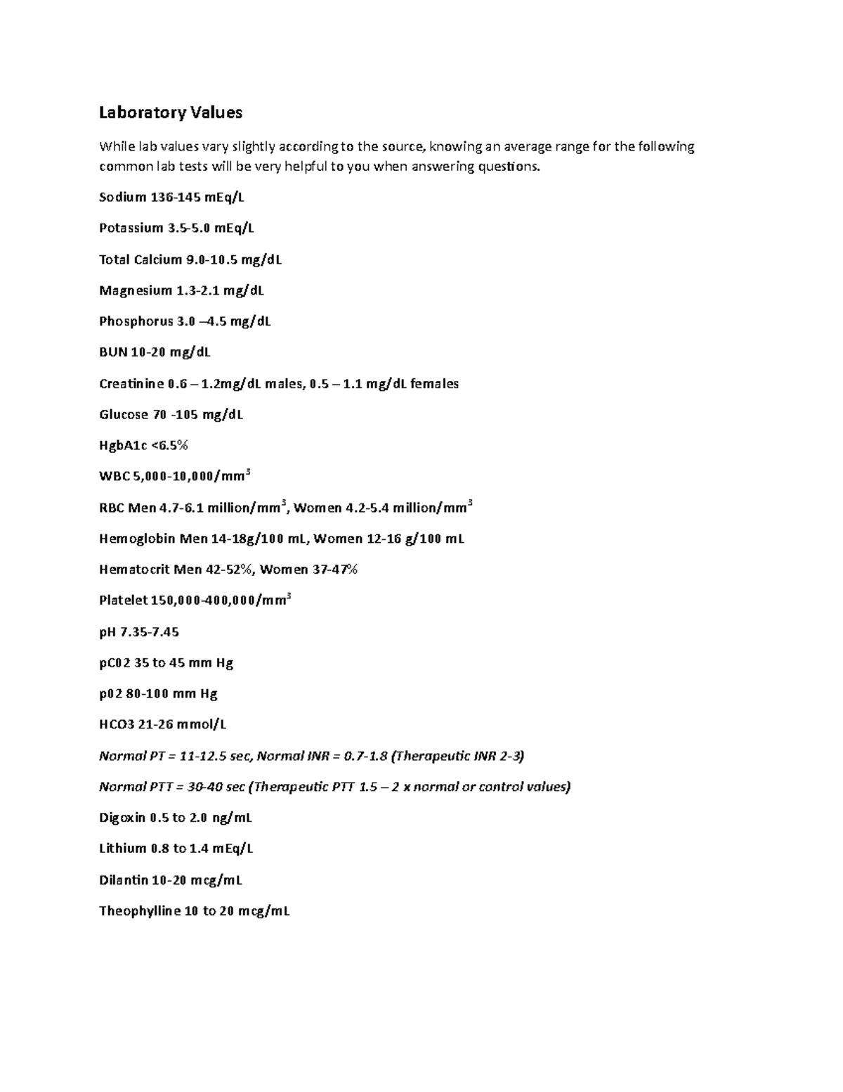 ATI Notes - Laboratory Values While lab values vary slightly according ...