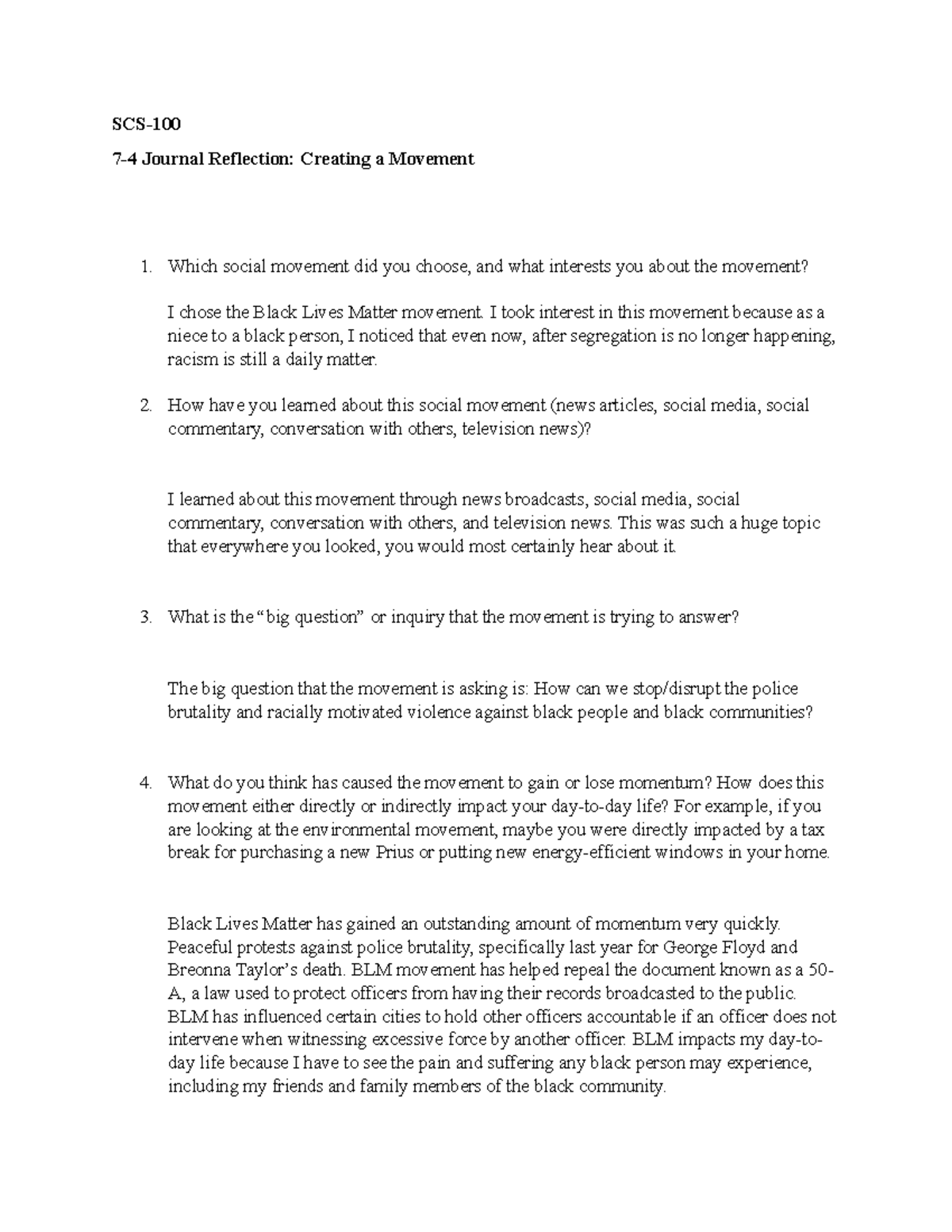 SCS-100 7-4 Journal Reflection-Creating a movement - SCS- 7-4 Journal ...