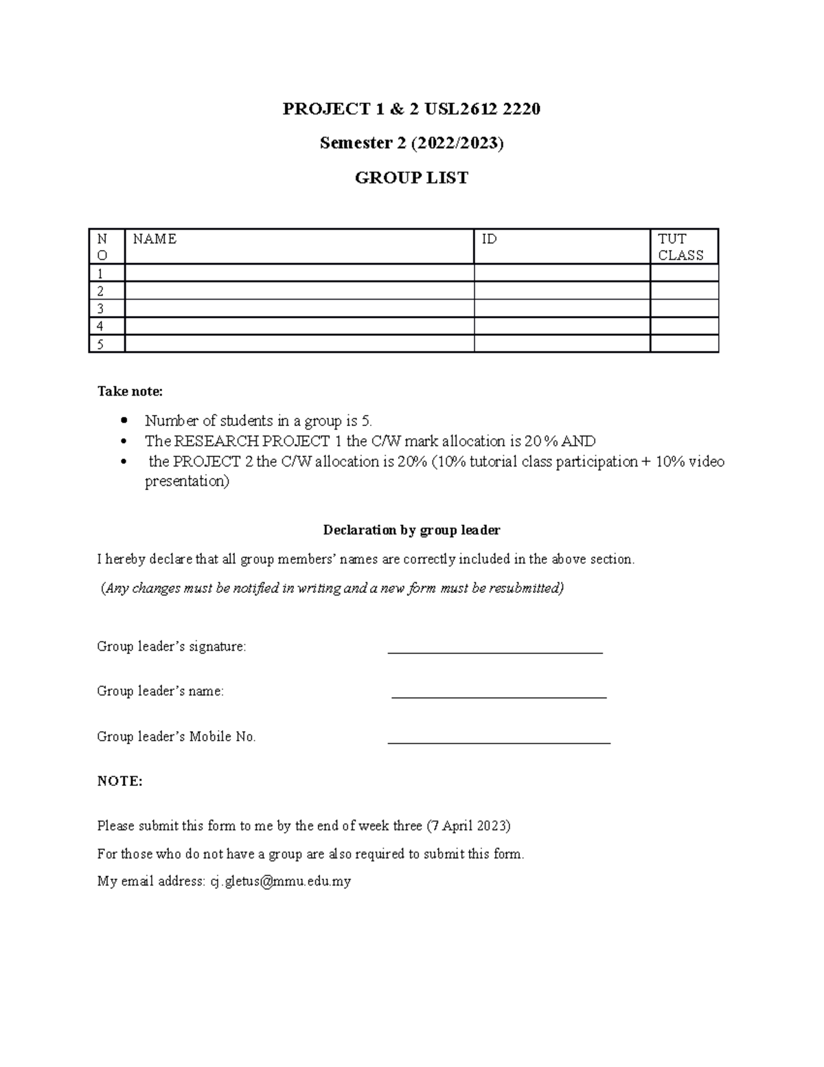 Project 1 & 2 Template FOR USL 2612 SEM 2 2022-2023 - PROJECT 1 & 2 ...