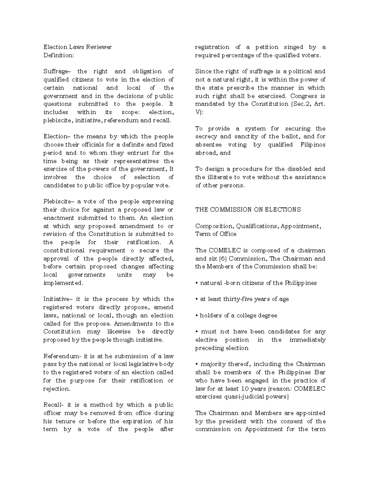 Election-Law-Reviewer - Election Laws Reviewer Definition: Suffrage ...