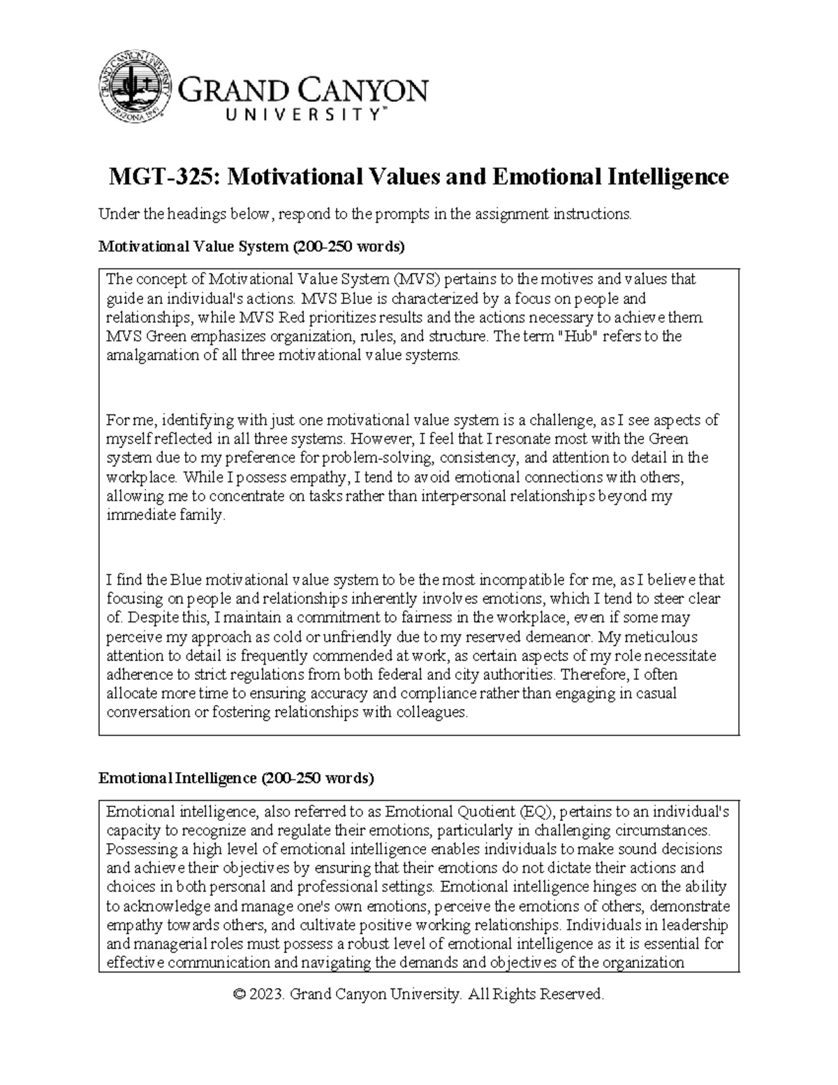 MGT-325 Motivational Values and Emotional Intelligence - Motivational ...