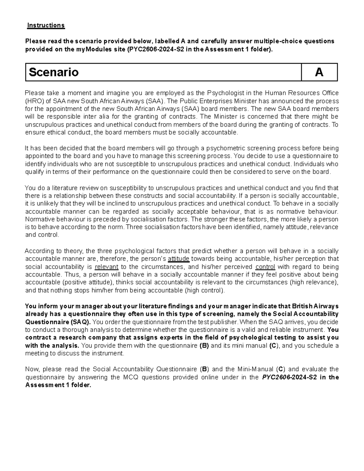 PYC2606 2024 Assessment Scenario Social Accountability Questionnaire ...