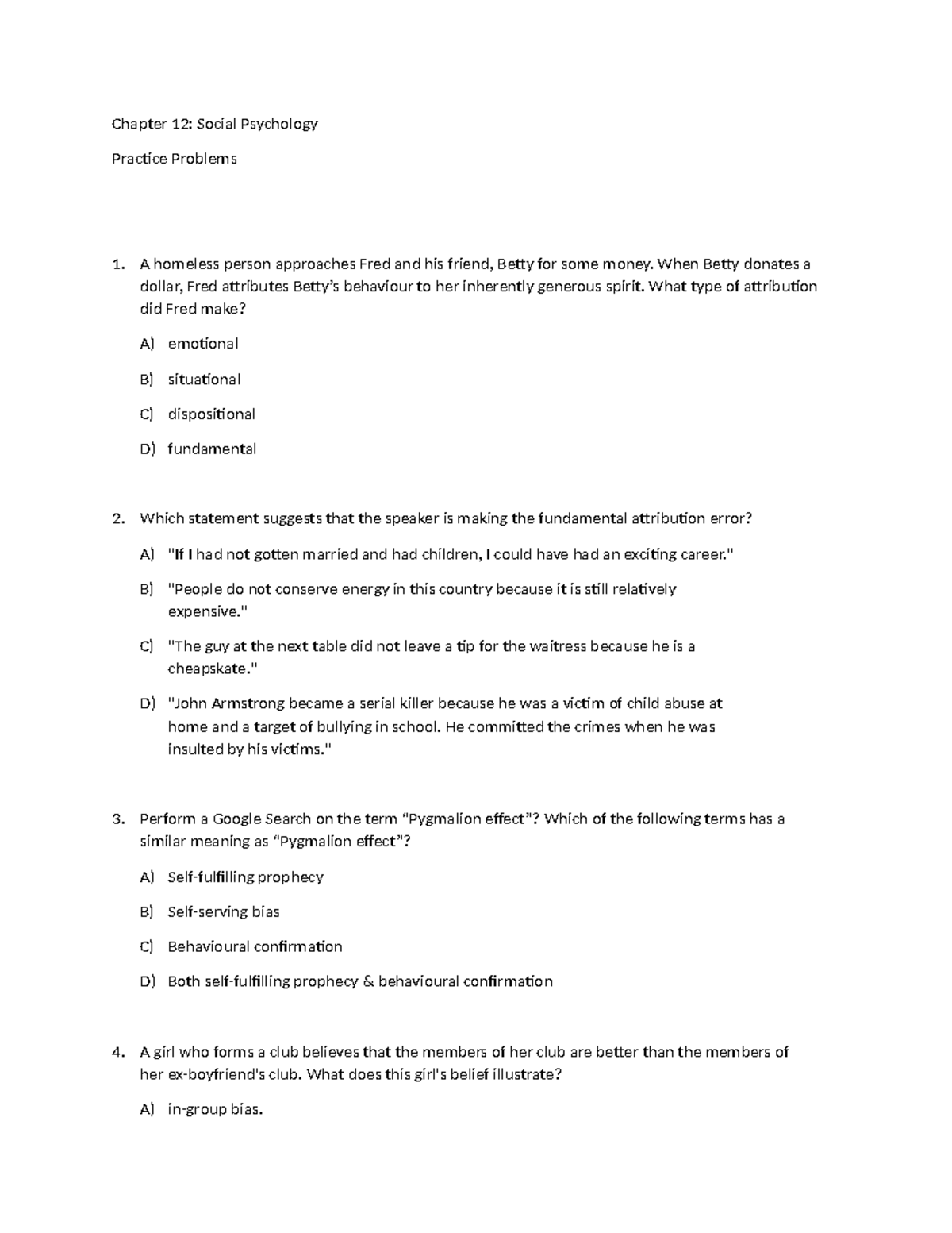 Chapter 12 Social Psychology Practice Problems Questions - Chapter 12 ...