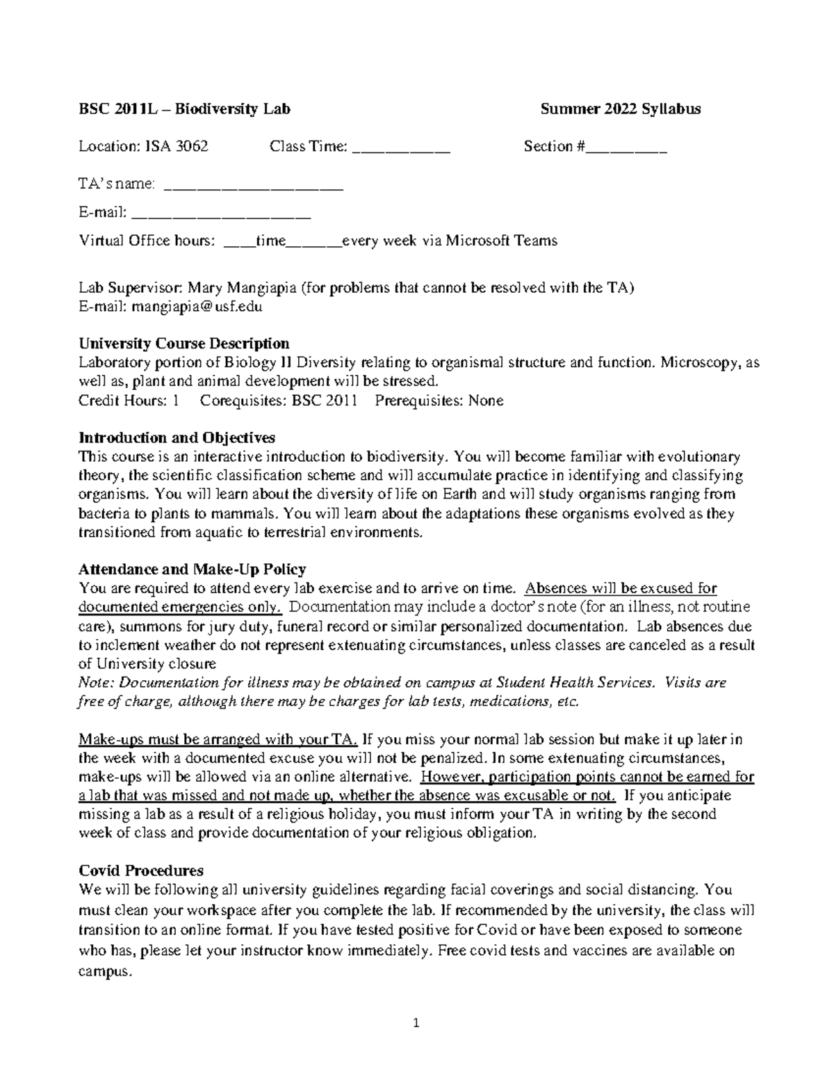 BSC 2011 L SU22 Syllabus - BSC 2011L – Biodiversity Lab Summer 2022 ...
