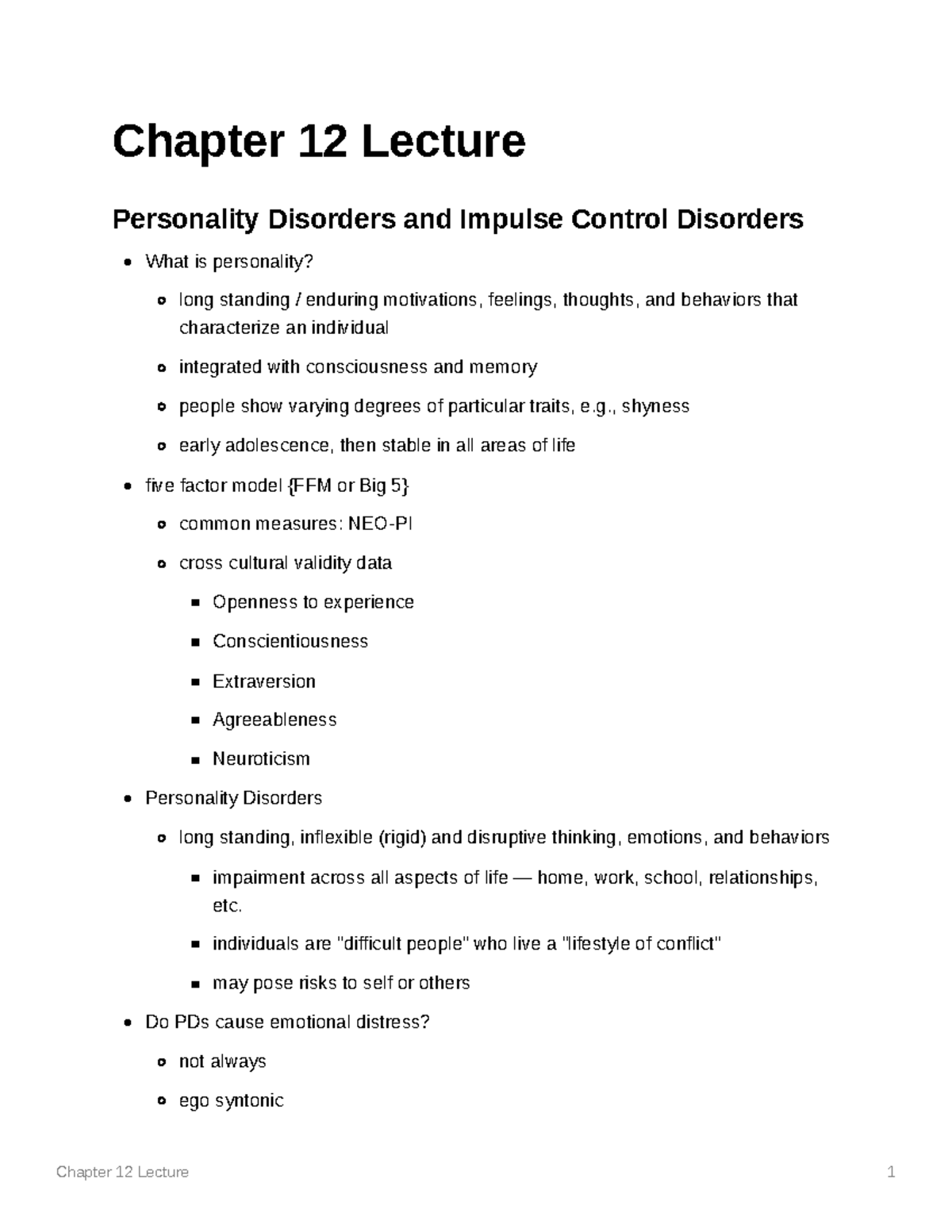 Chapter 12 Lecture - Dr. Michael Stasio - Chapter 12 Lecture Personality Disorders and Impulse ...