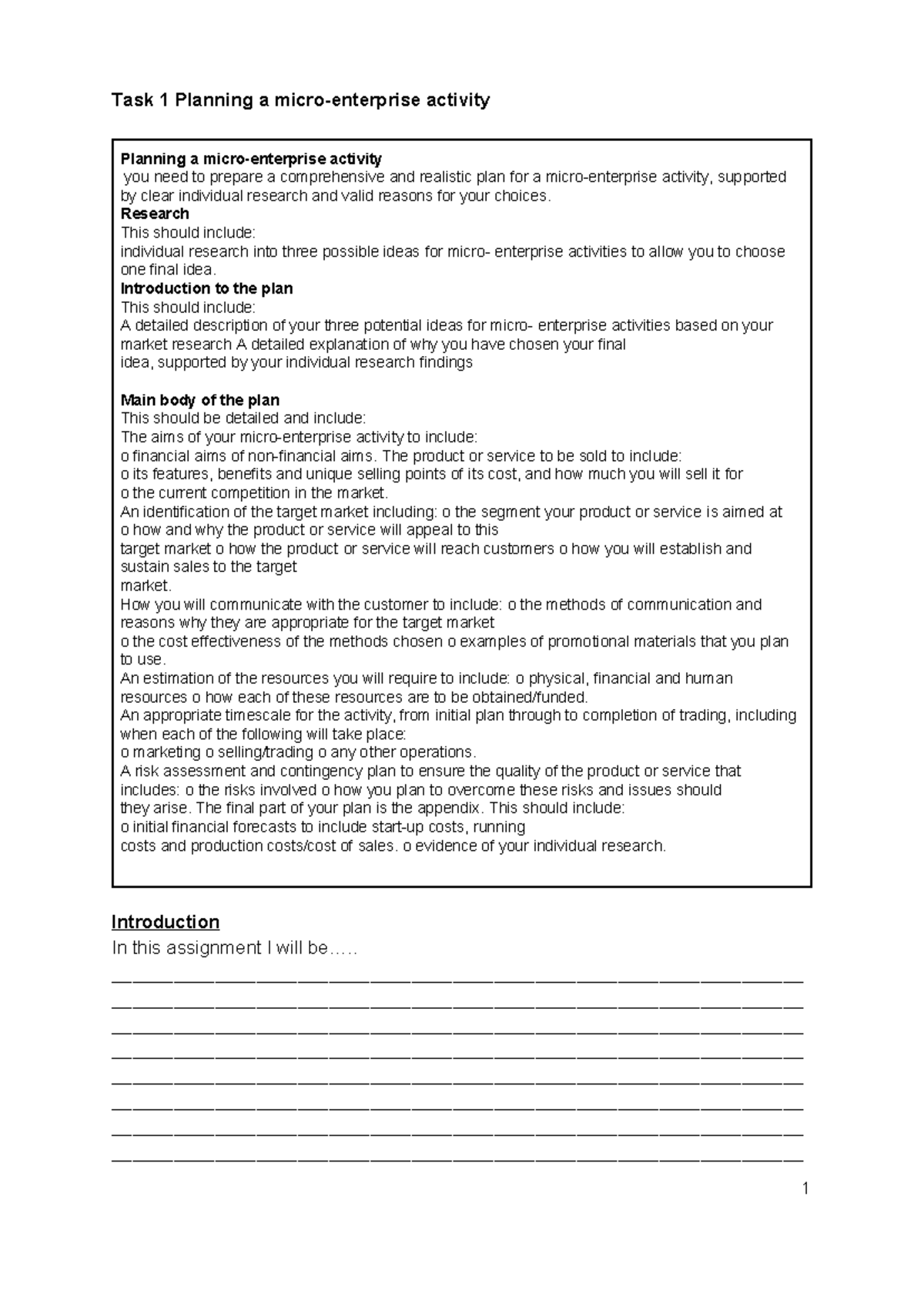Task 1 Planning a micro - Task 1 Planning a micro-enterprise activity ...