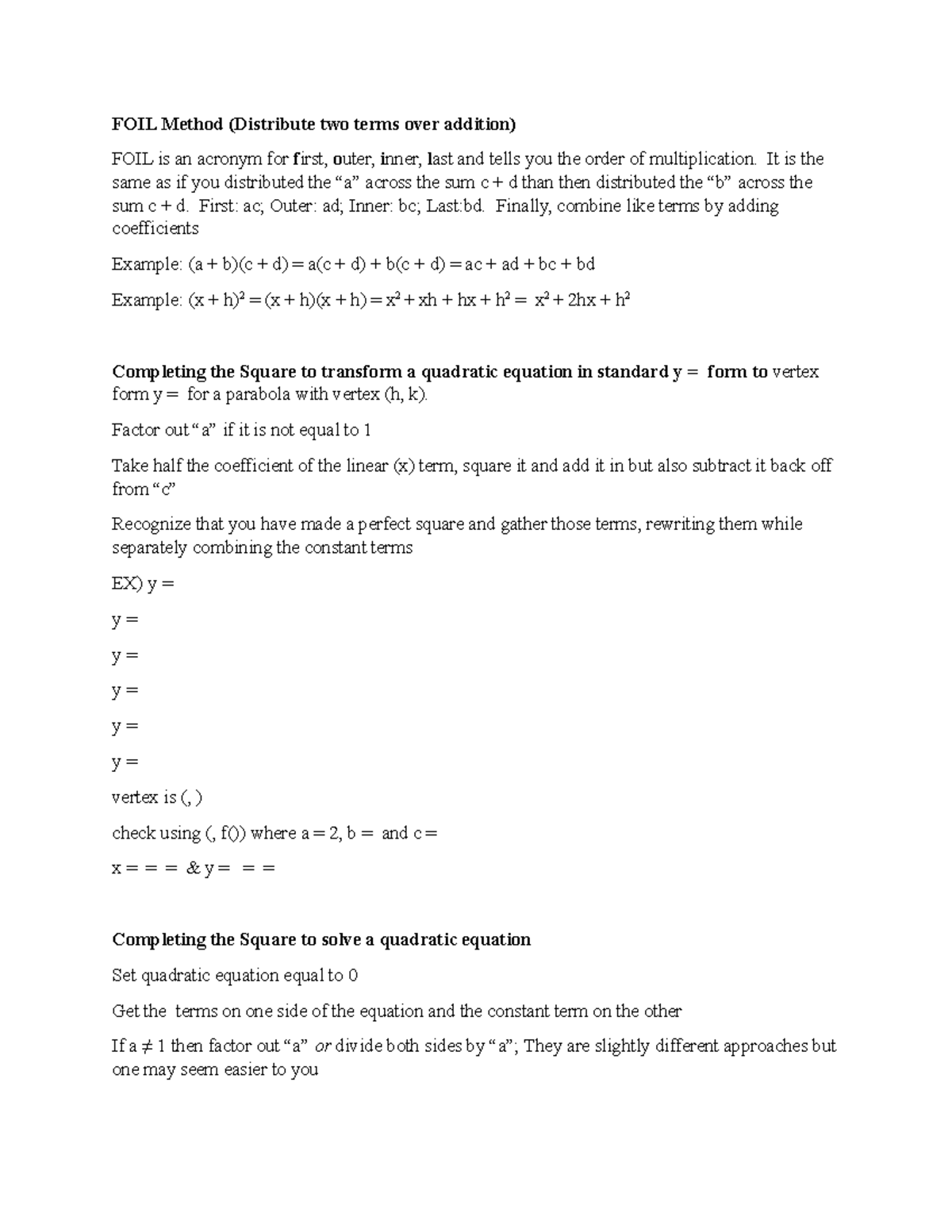 Completing the Square - FOIL Method (Distribute two terms over addition ...