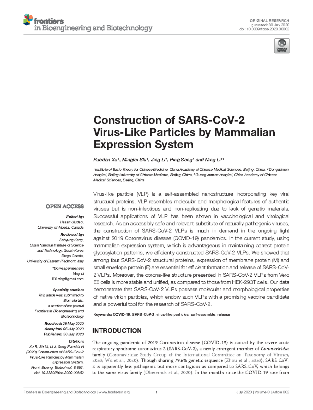 Construction of SARS-Co V-2 Virus-Like Particles by Mammalian ...