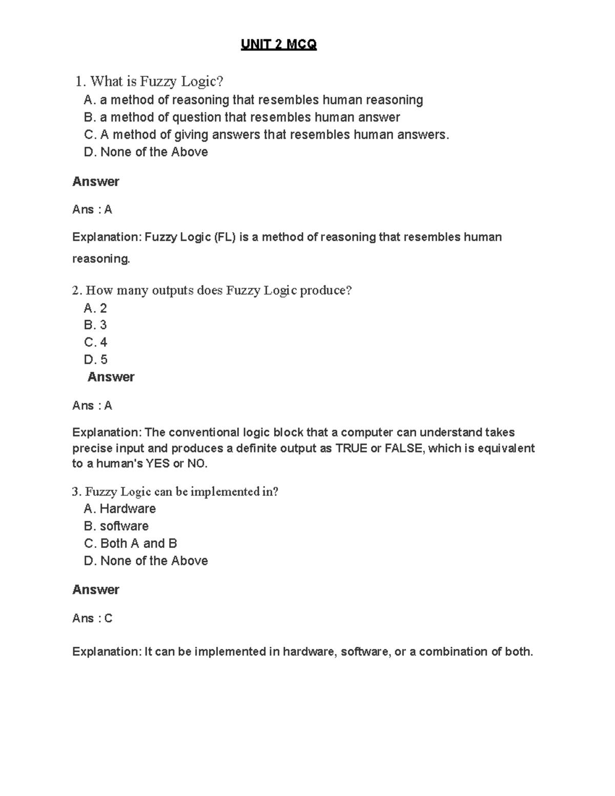 SCOA MCQ 2 - Soft computing and Optimization MCQ for study - 1. What is Fuzzy Logic? A. a method ...