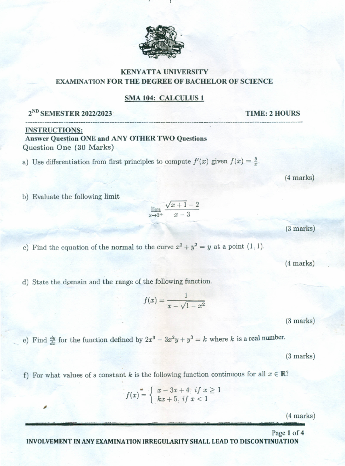 SMA104 Calculus 1 2023 - Past Paper - KENY ATTA UNIVERSITY EXAMINATION ...