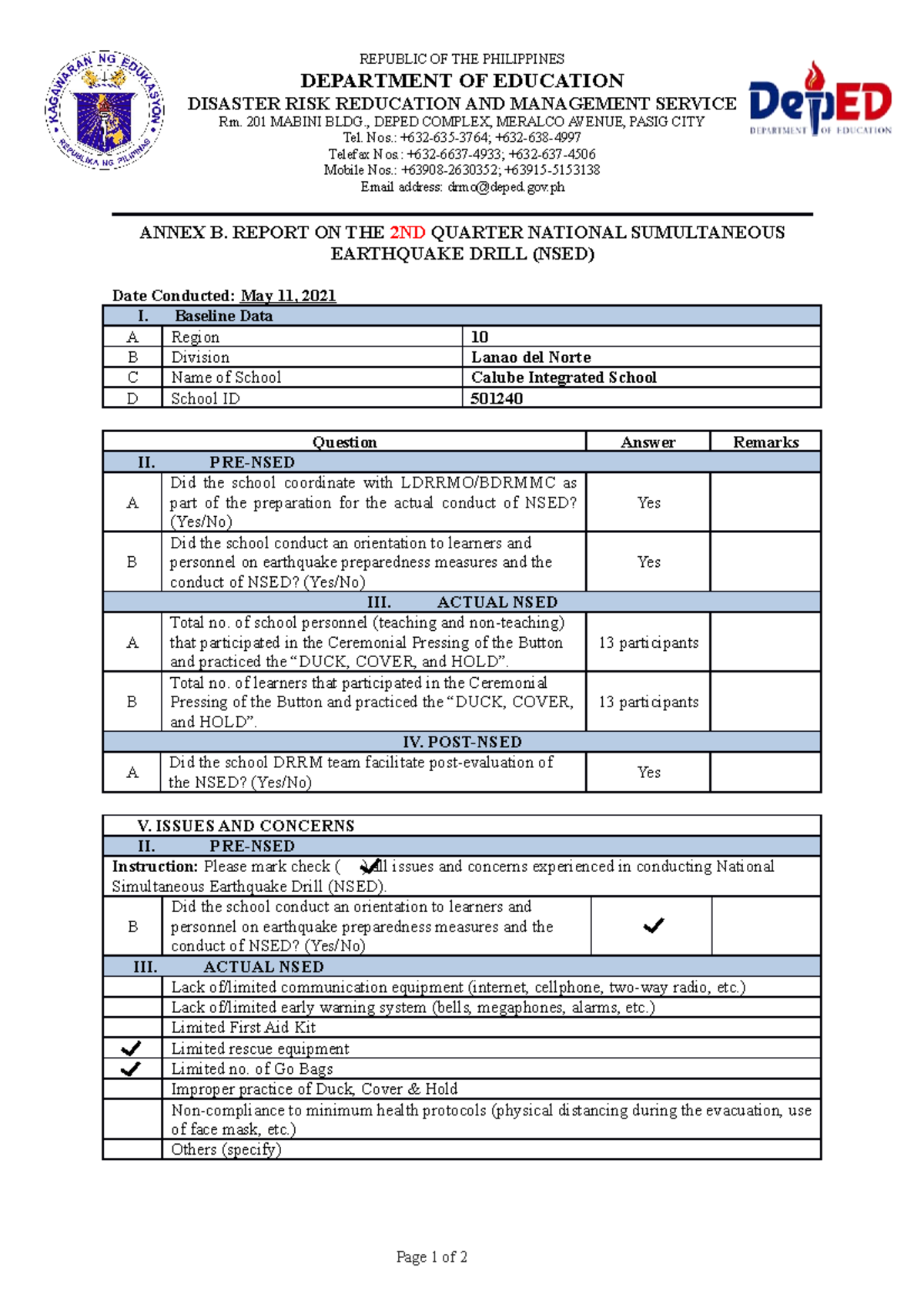 Calube IS- 2ND NSED Report - REPUBLIC OF THE PHILIPPINES DEPARTMENT OF ...