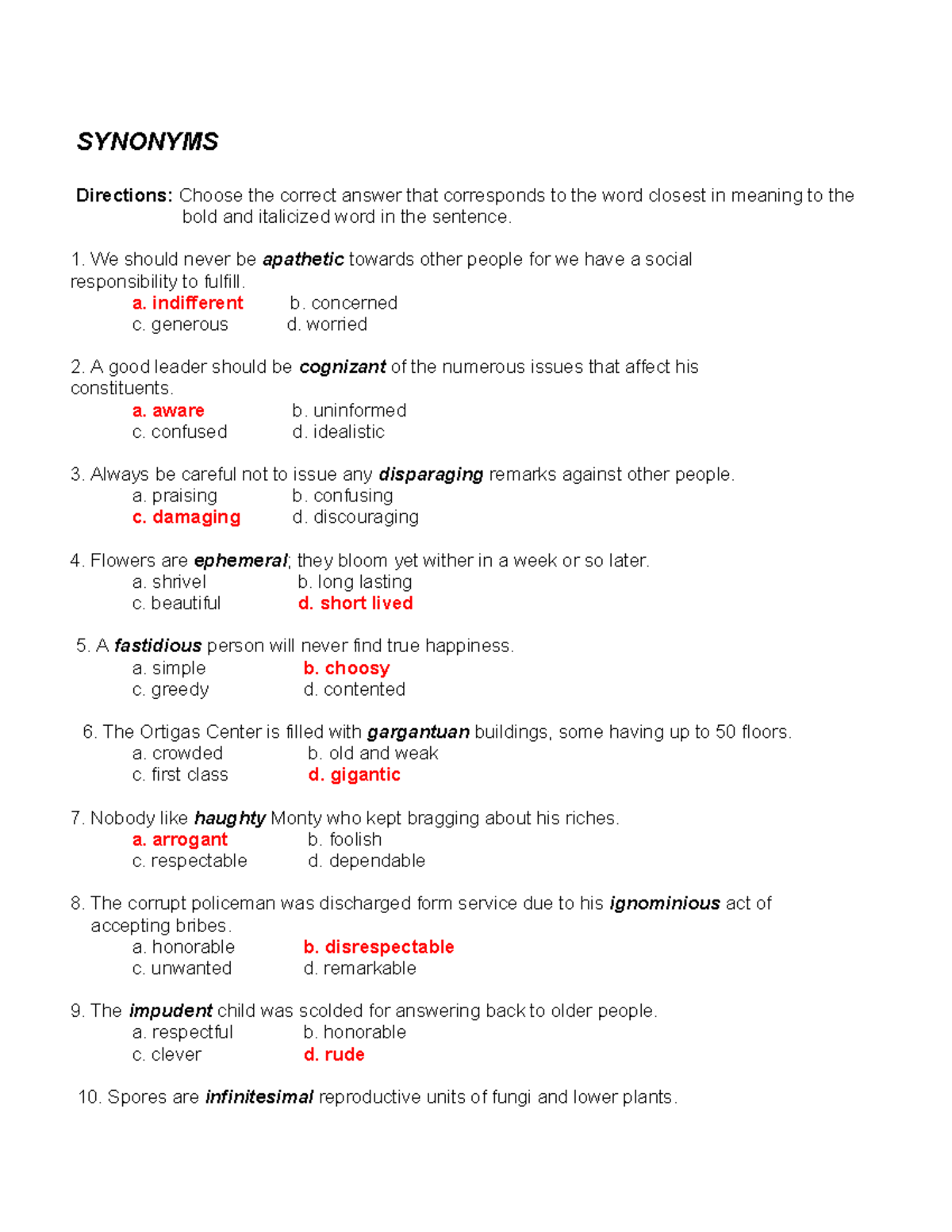 CSC Exercises with Answers - SYNONYMS Directions: Choose the correct ...