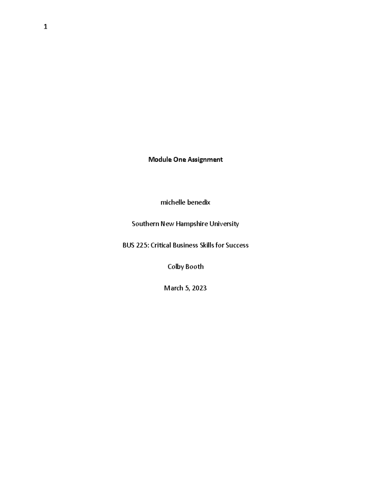 BUS225 Module One Assignment - Module One Assignment michelle benedix ...