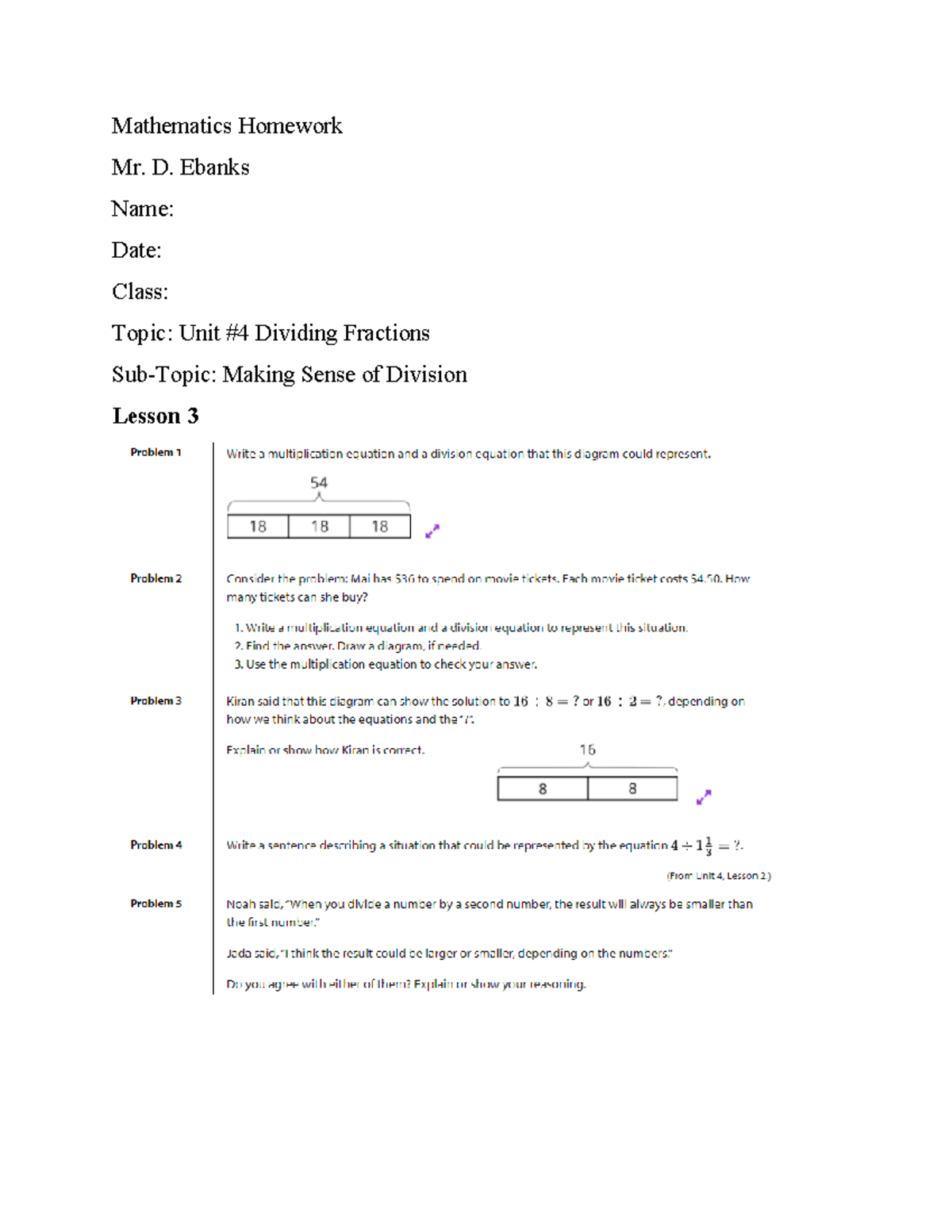 6th Grade Unit 4 Lesson 3 Work - Mathematics - Mathematics Homework Mr ...