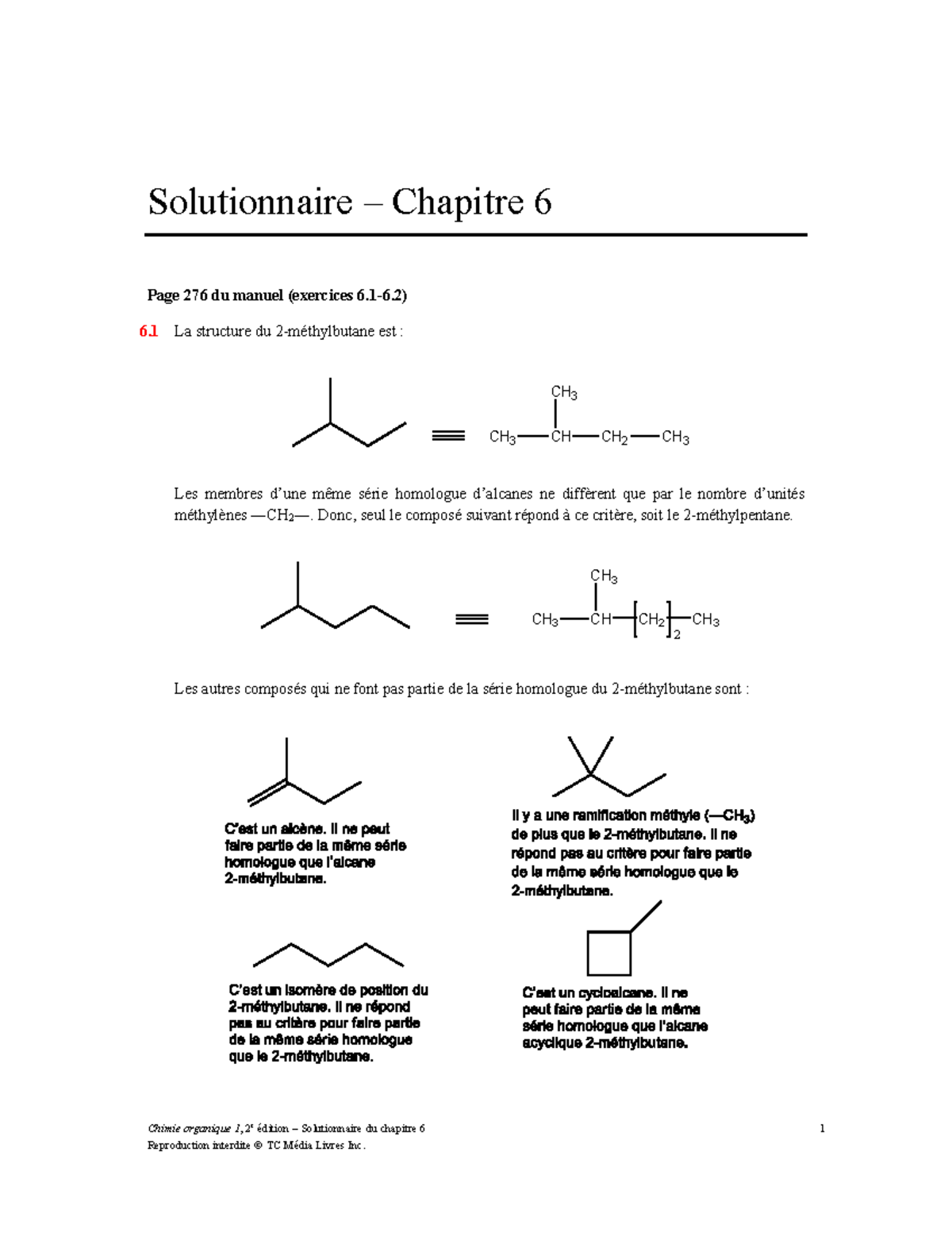Solutionnaire corrigé - Chimie organique 1 , 2 e édition – Solutionnaire du chapitre 6 1 - Studocu