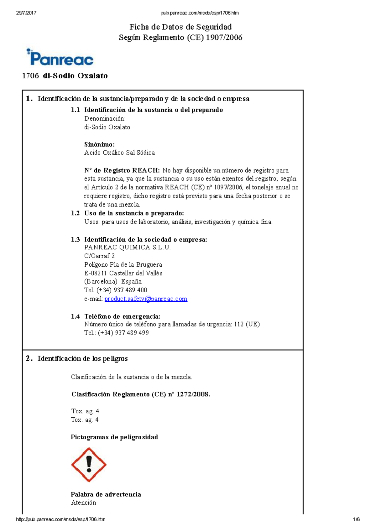 18.SDS 170 Oxalato de Sodio 99 - Ficha de Datos de Seguridad Según ...