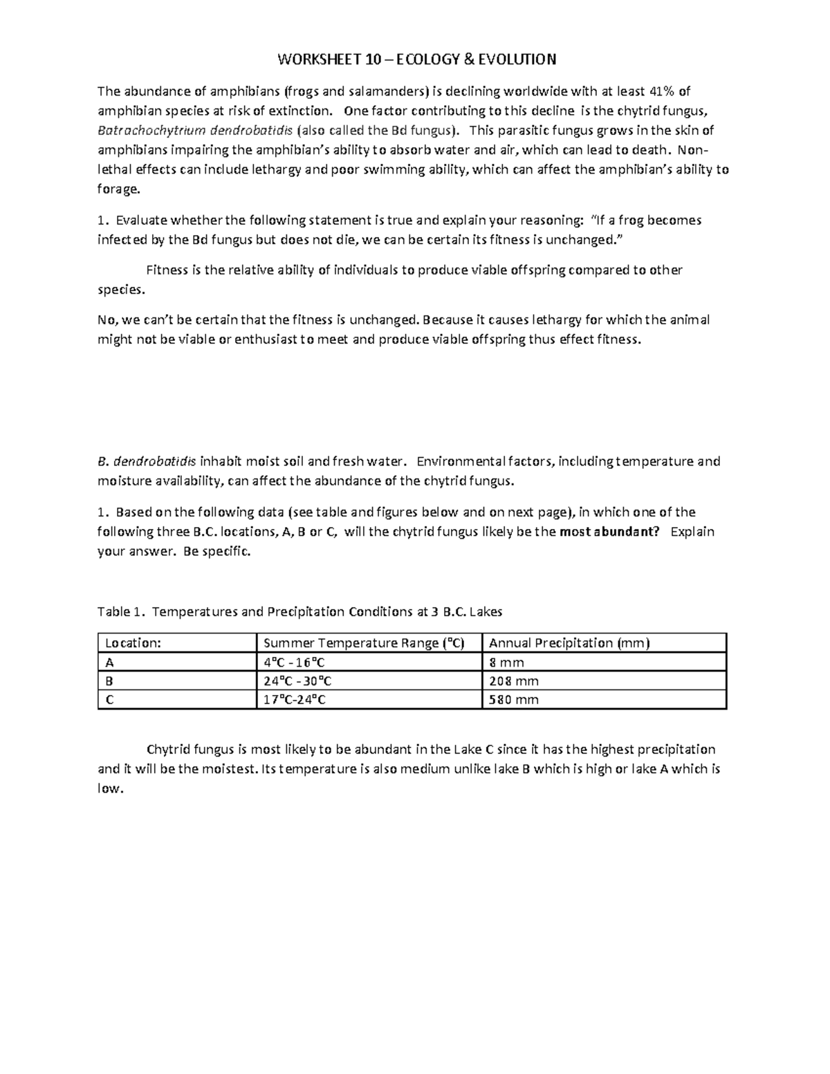 Worksheet #10 - Ecology and Evolution - WORKSHEET 10 – ECOLOGY ...