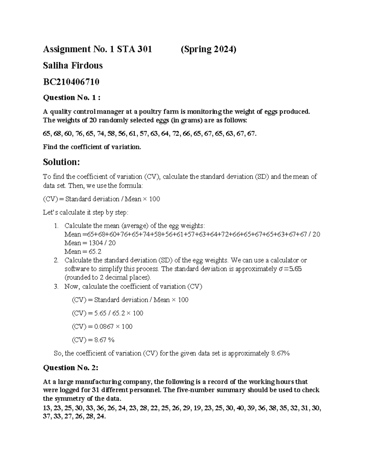 As 1 STA301 Saliha Firdous - Assignment No. 1 STA 301 (Spring 2024) Saliha Firdous BC Question ...