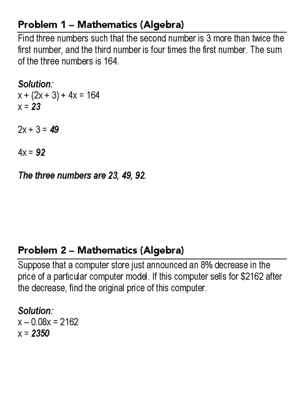 Algebra Refresher 1-39 - Find three numbers such that the second number ...