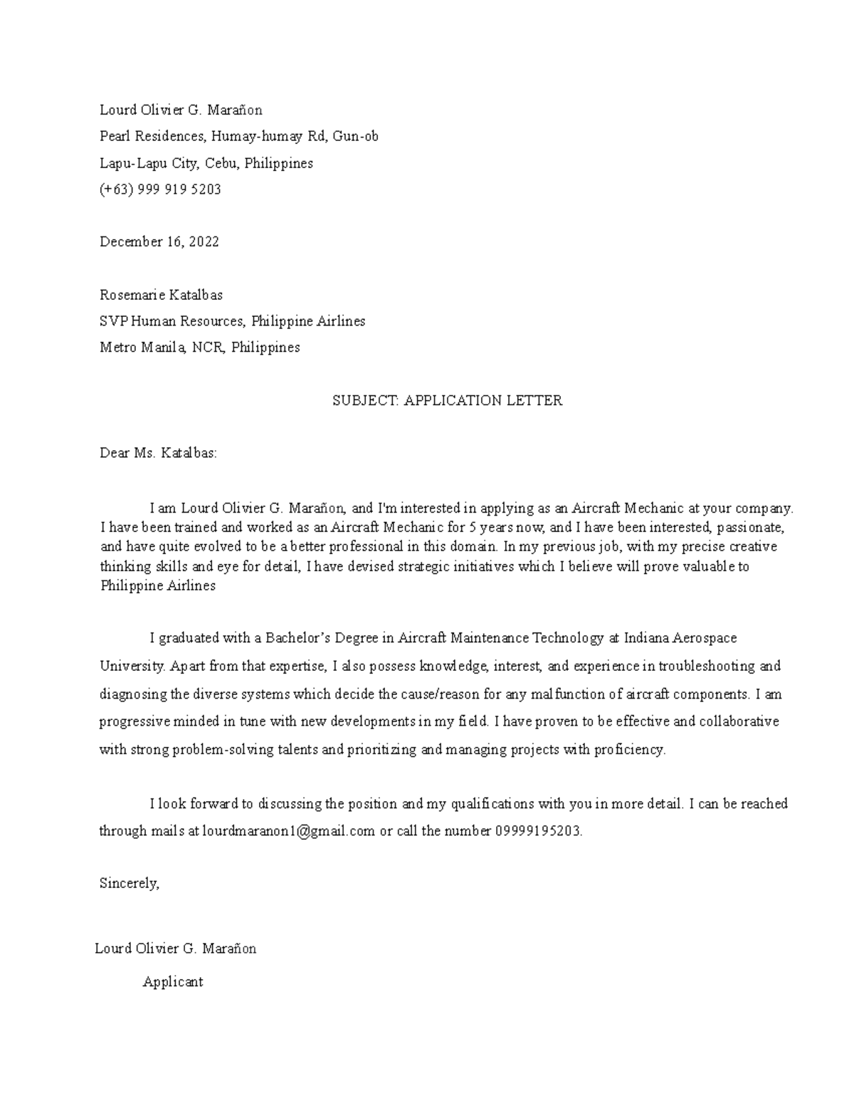 Sample Application Letter - Lourd Olivier G. Marañon Pearl Residences ...