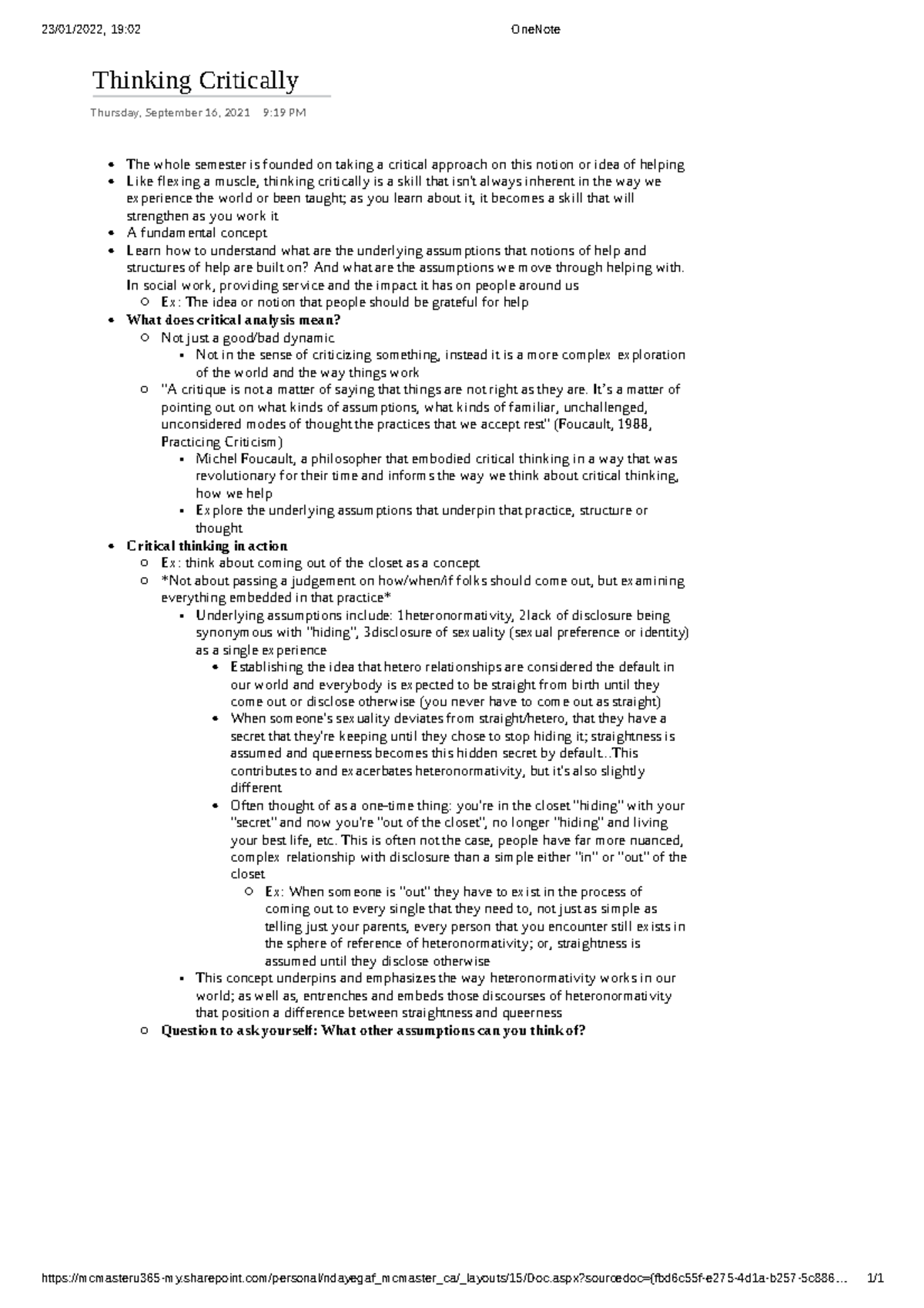 SOCWORK 1AA3 - Lecture 1: Thinking Critically - 23/01/2022, 19:02 OneNote - Studocu