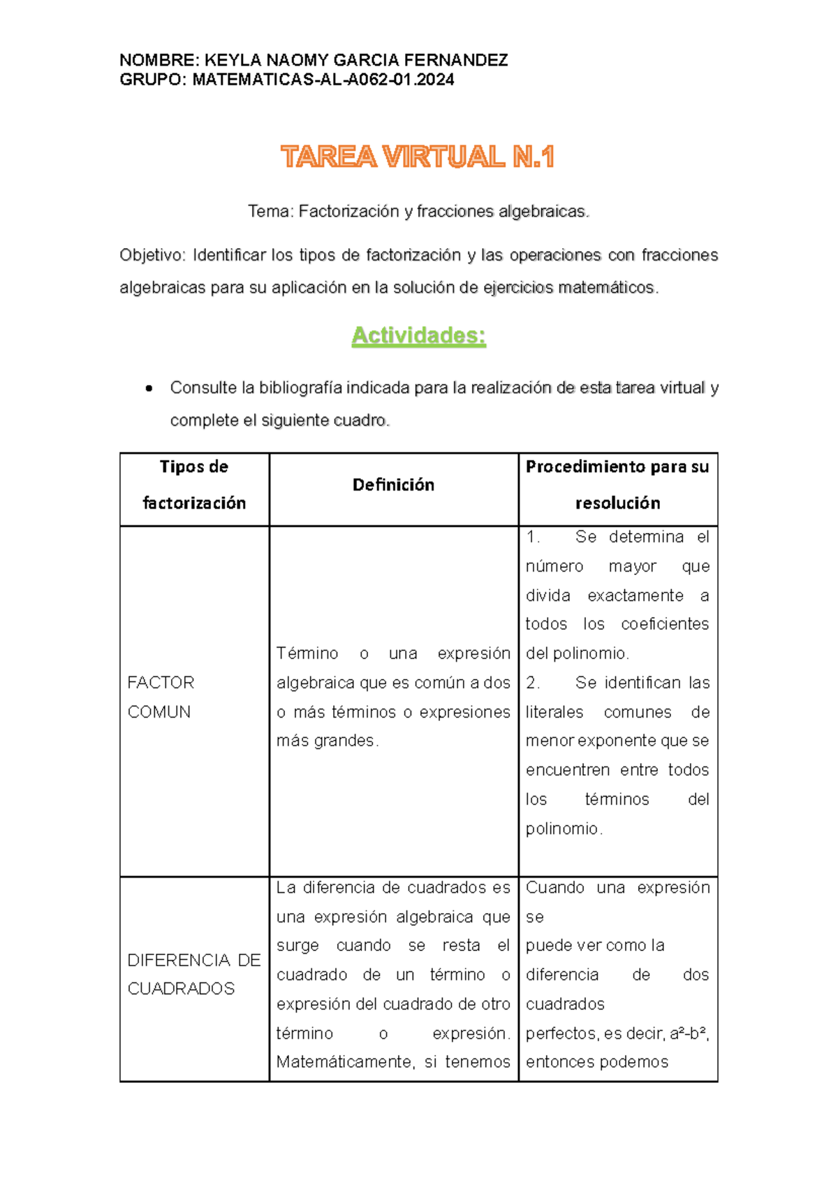 Tarea Virtual #1 - GRUPO: MATEMATICAS-AL-A062-01. Tema: Factorización y fracciones algebraicas ...