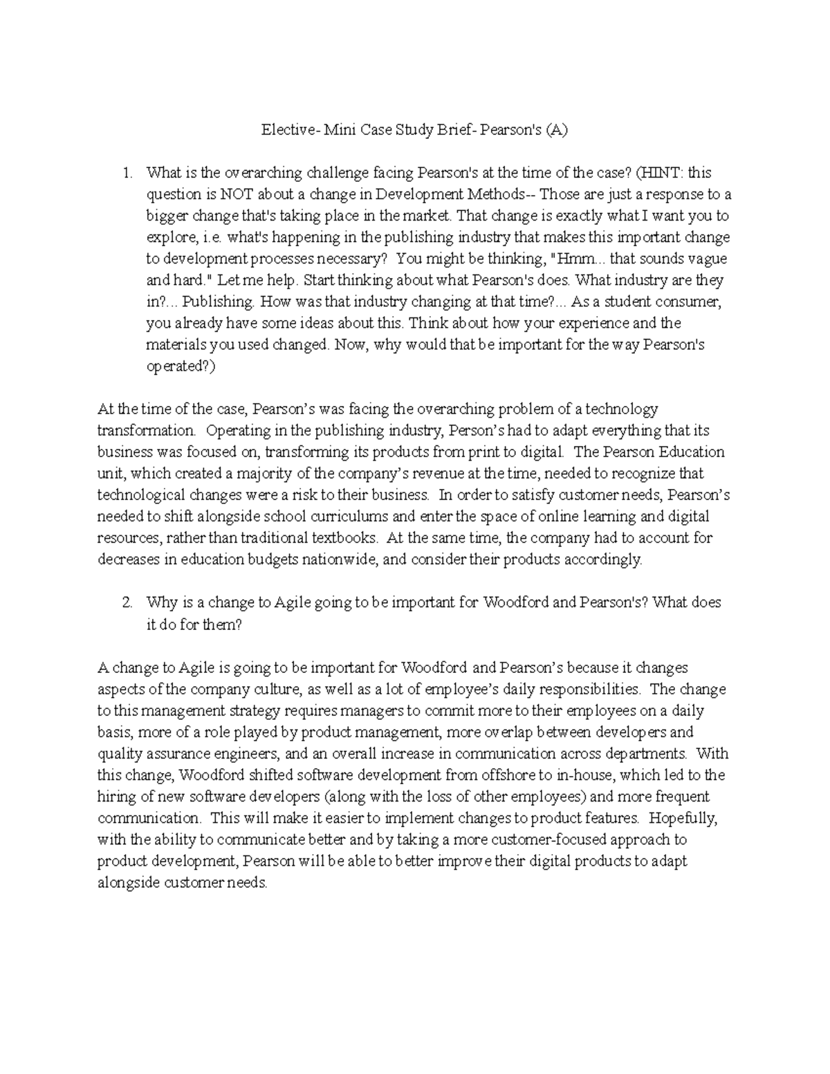 MKTG 187 Elective- Mini Case Study Brief- Pearson's (A) - Elective ...