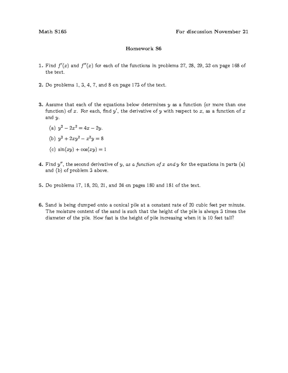 Math165HW6 - HW for the class, Professor Carl Cowen - Math S165 For ...