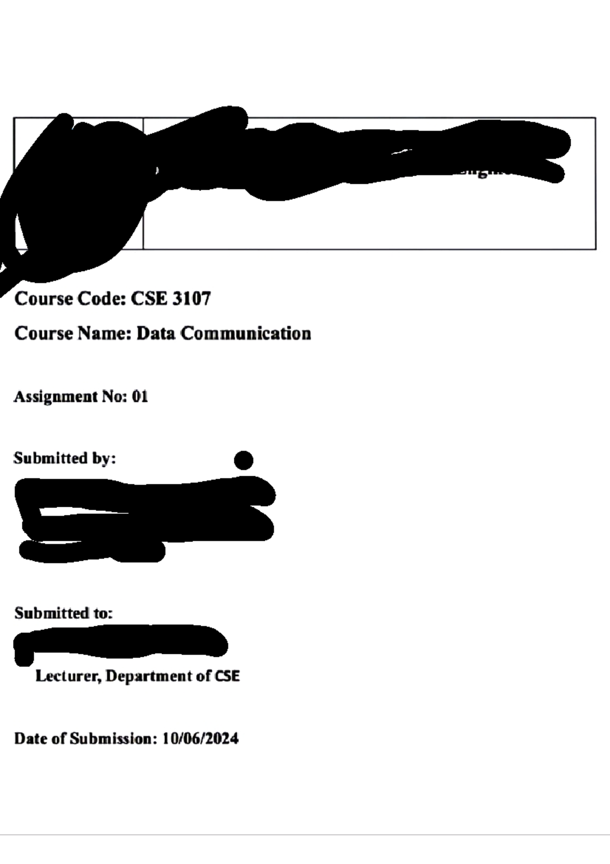 datacom practise - Course Code: CSE 3107 Course Name: Data Communication Assignment No: 01 ...